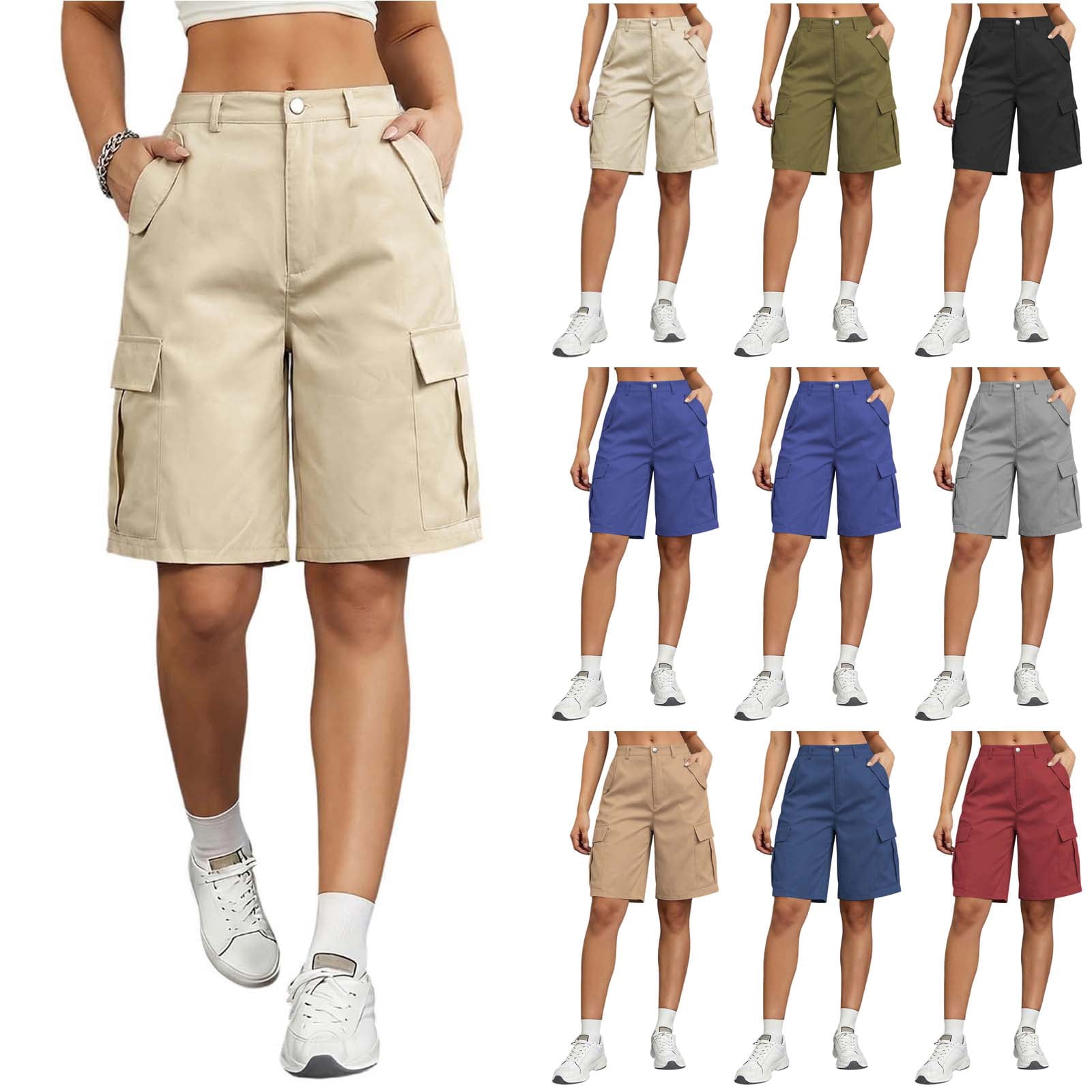 Bloomae Bermuda Cargo Shorts Women Casual Knee Length Button Elastic ...