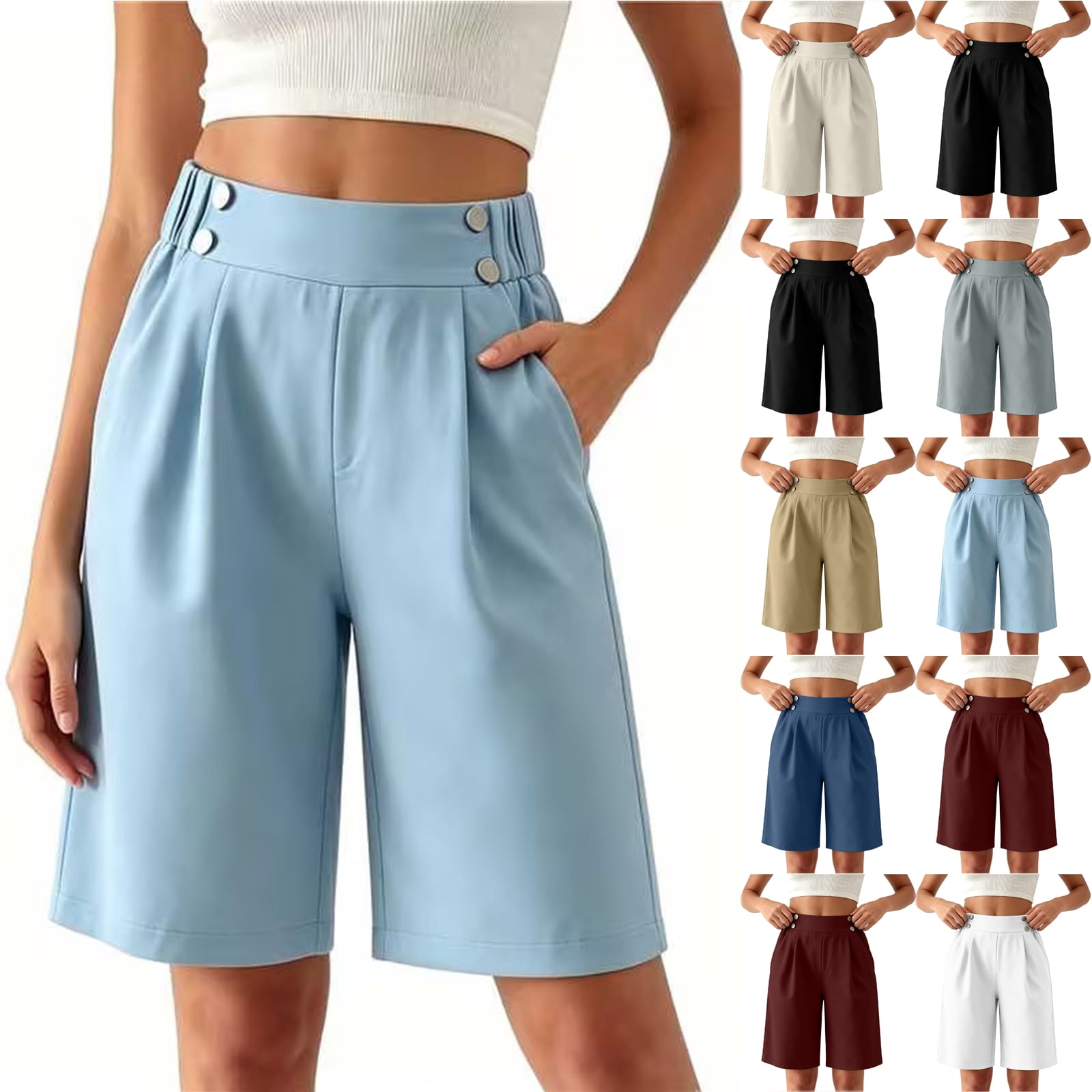 Bloomae Bermuda Shorts for Women Dressy Casual Button Elastic High ...