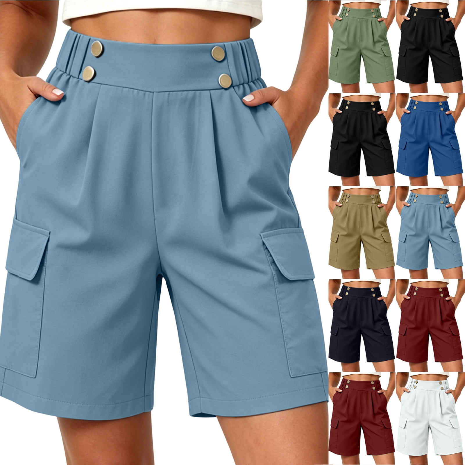 Bloomae Bermuda Shorts for Women Knee Length Casual Elastic High Waist ...