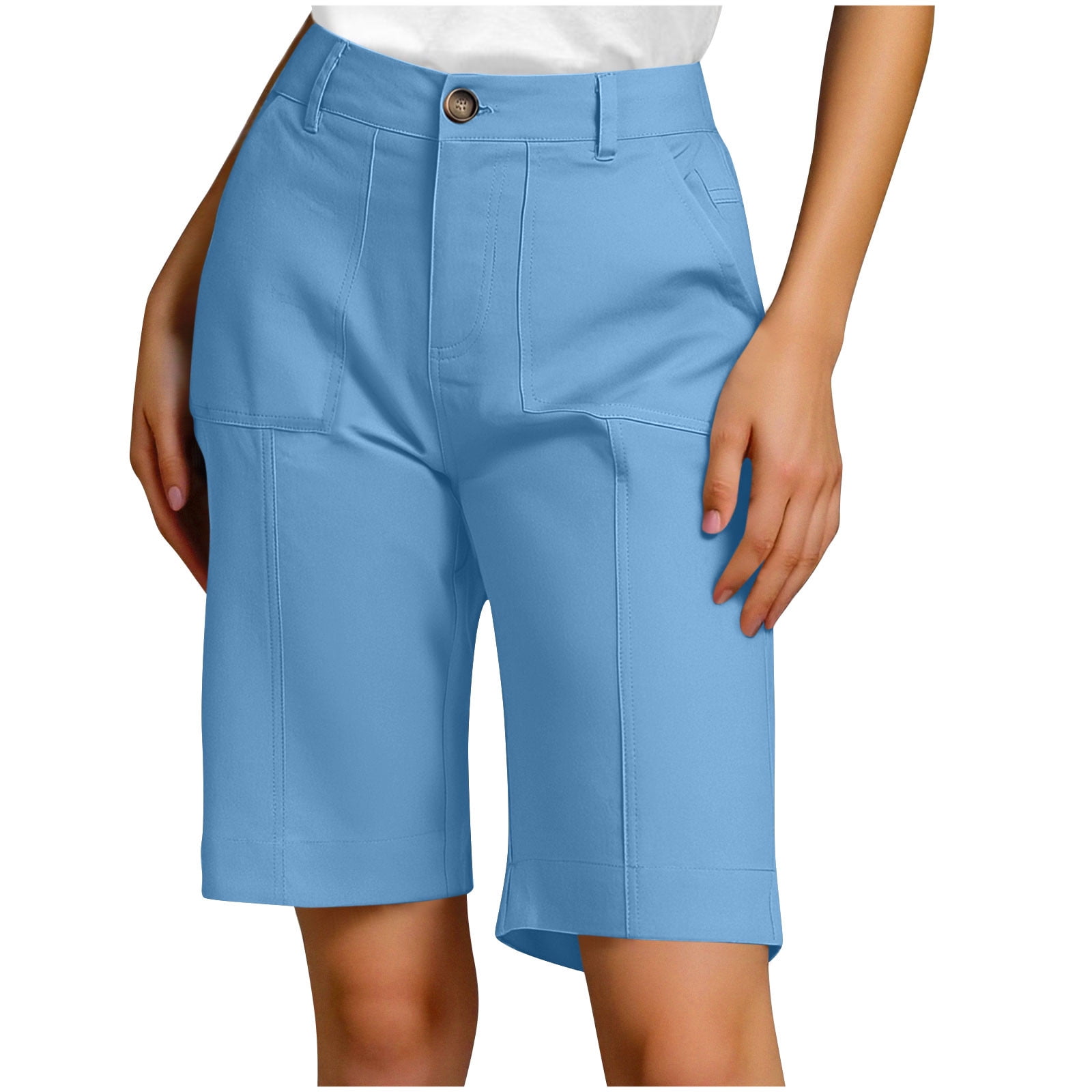 Bloomae Bermuda Shorts for Women Knee Length High Waisted Cotton Button ...