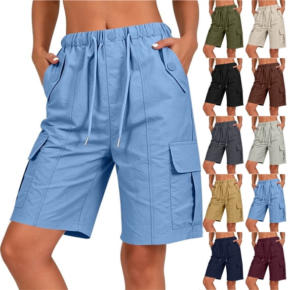 Bloomae Bermuda Shorts for Women Knee Length Casual Wide Leg Drawstring ...