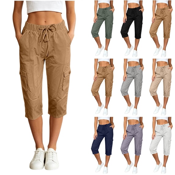 Bloomae Capri Cargo Pants for Women Lightweight Elastic Waist Pull On ...