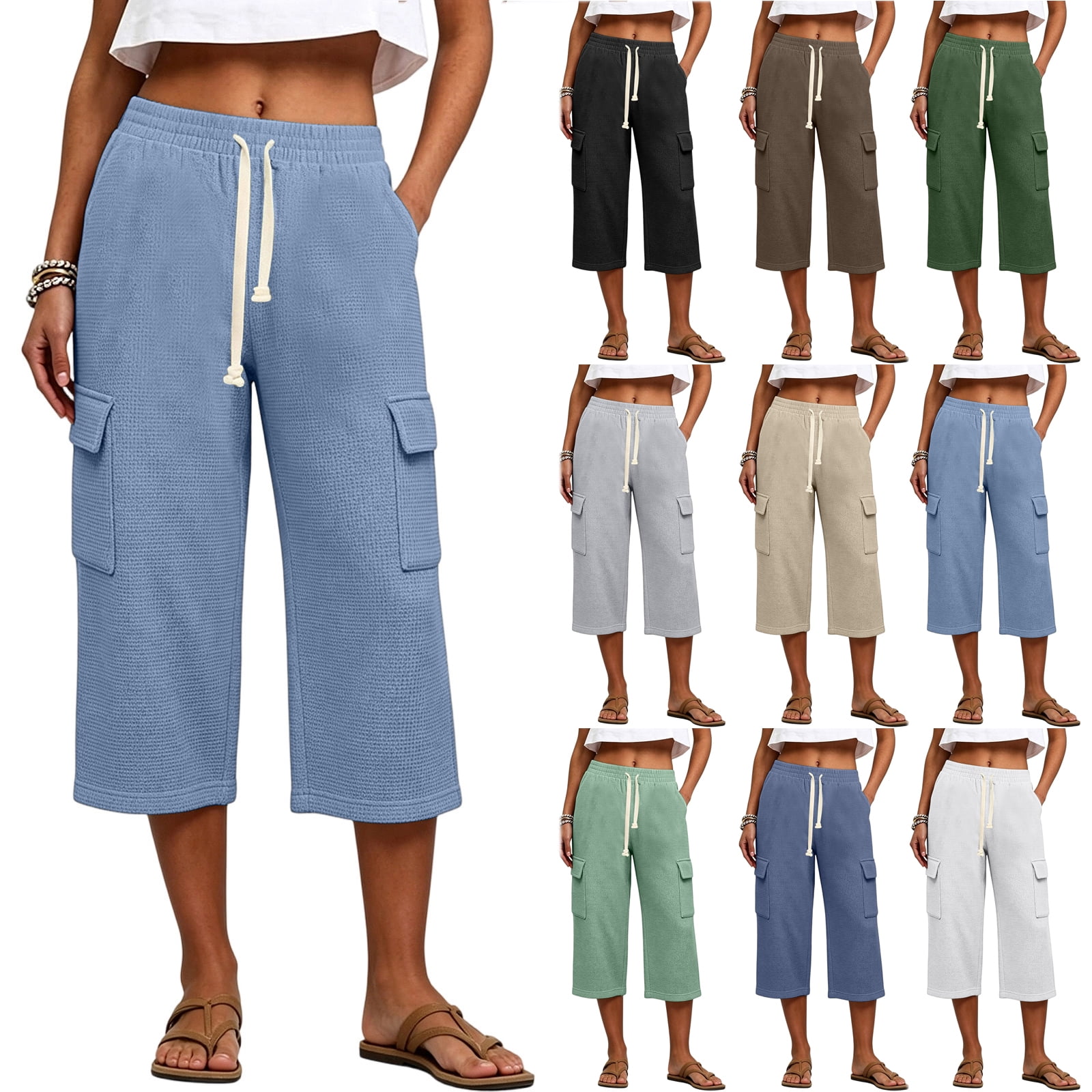 Bloomae Capri Cargo Shorts for Women Loose Baggy Below Knee Wide Leg ...