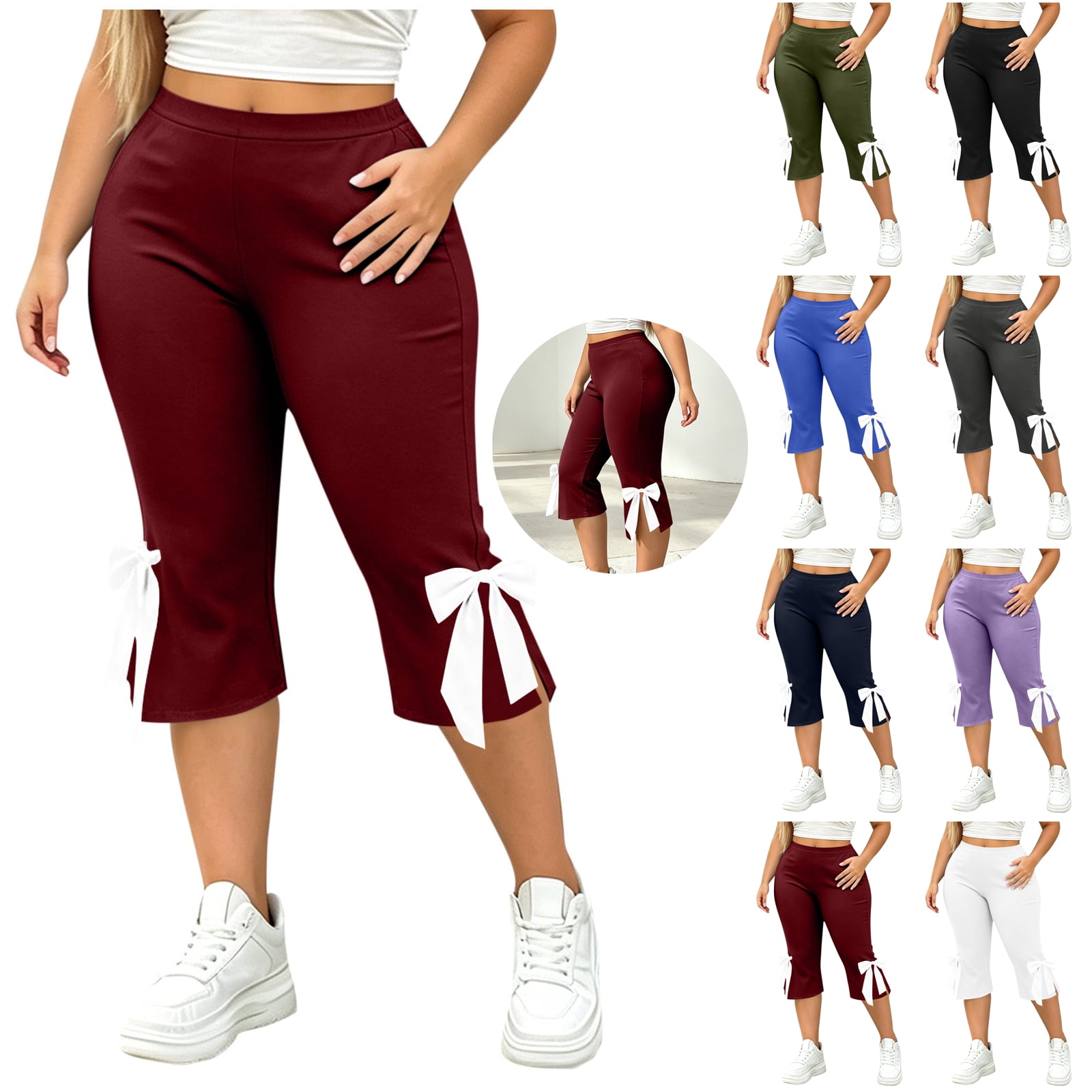 Bloomae Capri Leggings for Women Dressy Bow Tie 3/4 Knee Length Cropped ...