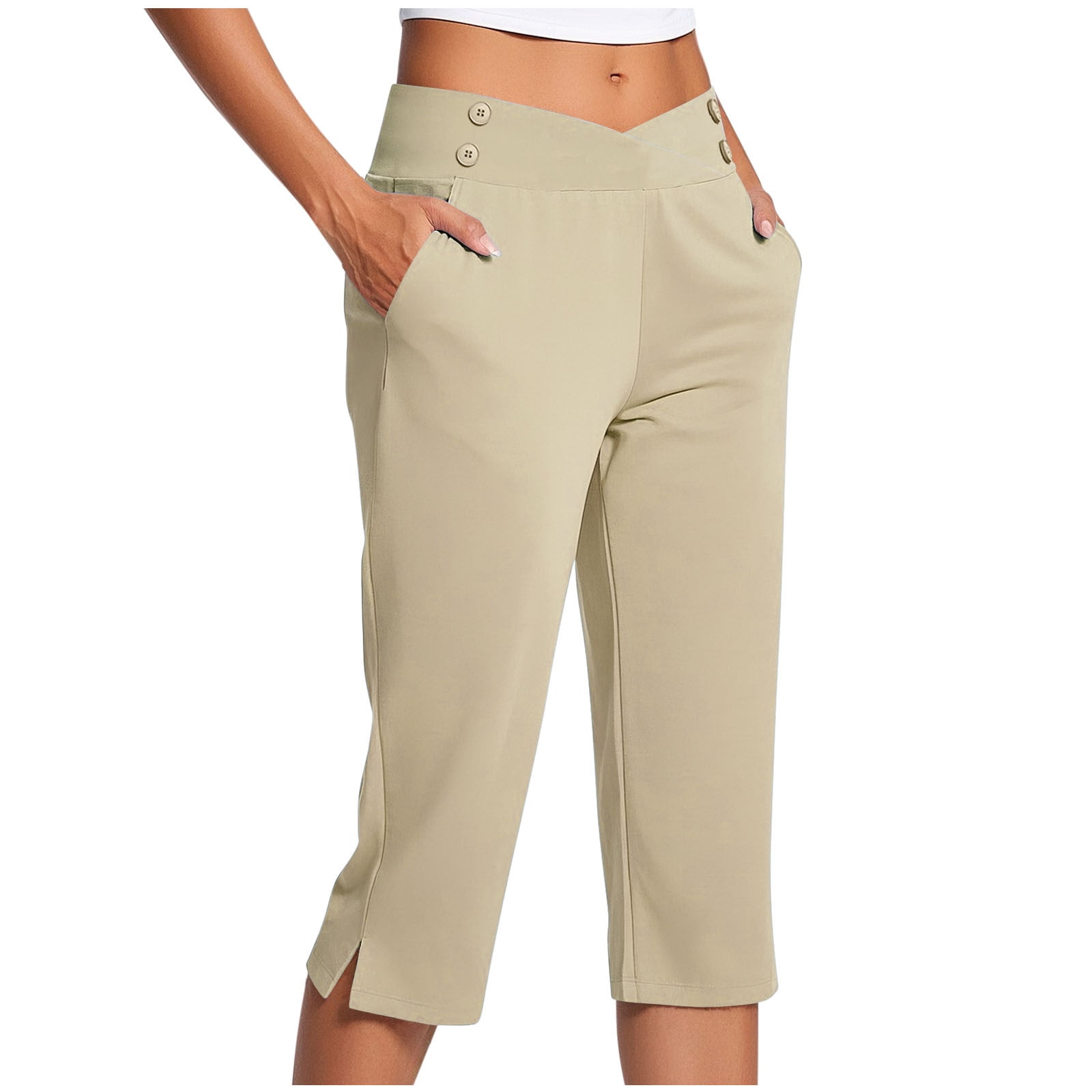 Bloomae Capri Pants for Women Stretch Button V Cross High Waisted Crop ...