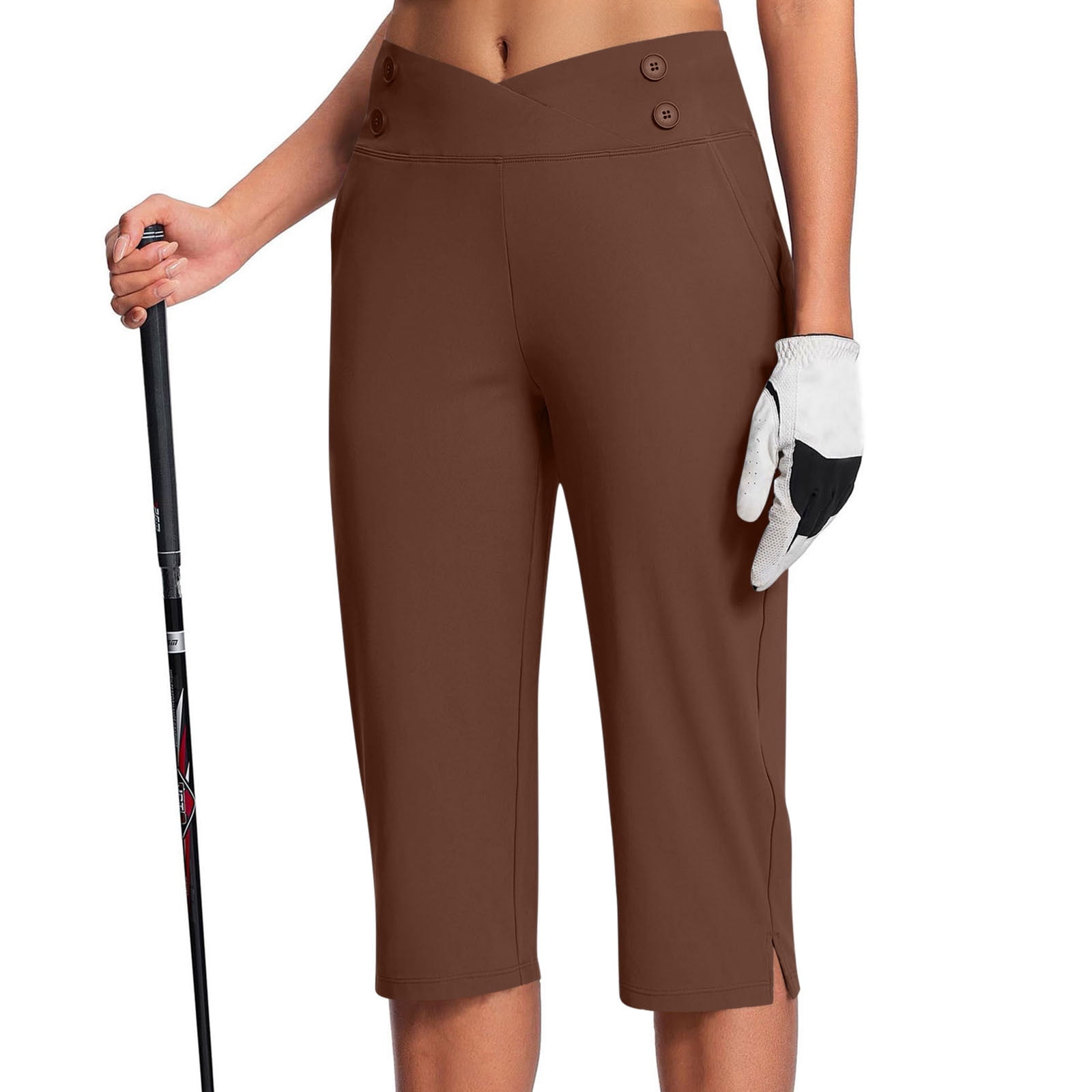 Bloomae Capri Pants for Women Stretch Button V Cross High Waisted Crop ...