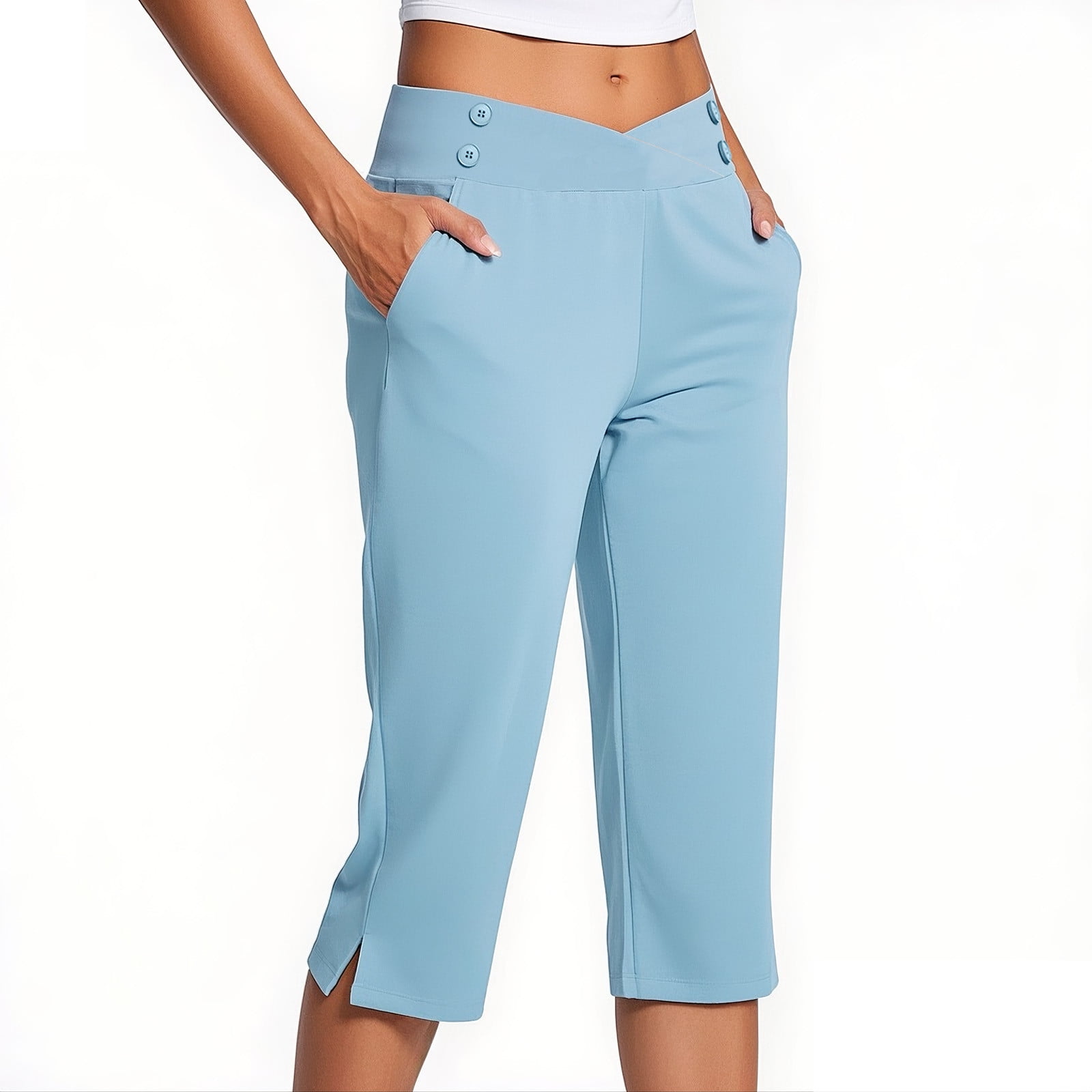 Bloomae Capri Pants for Women Stretch Button V Cross High Waisted Crop ...