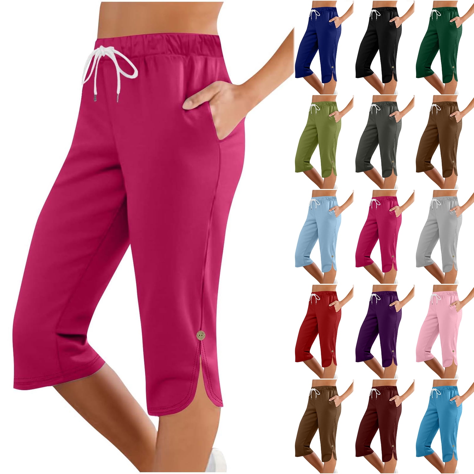 Bloomae Capri Pants for Women Summer Lightweight Button Split Hem ...