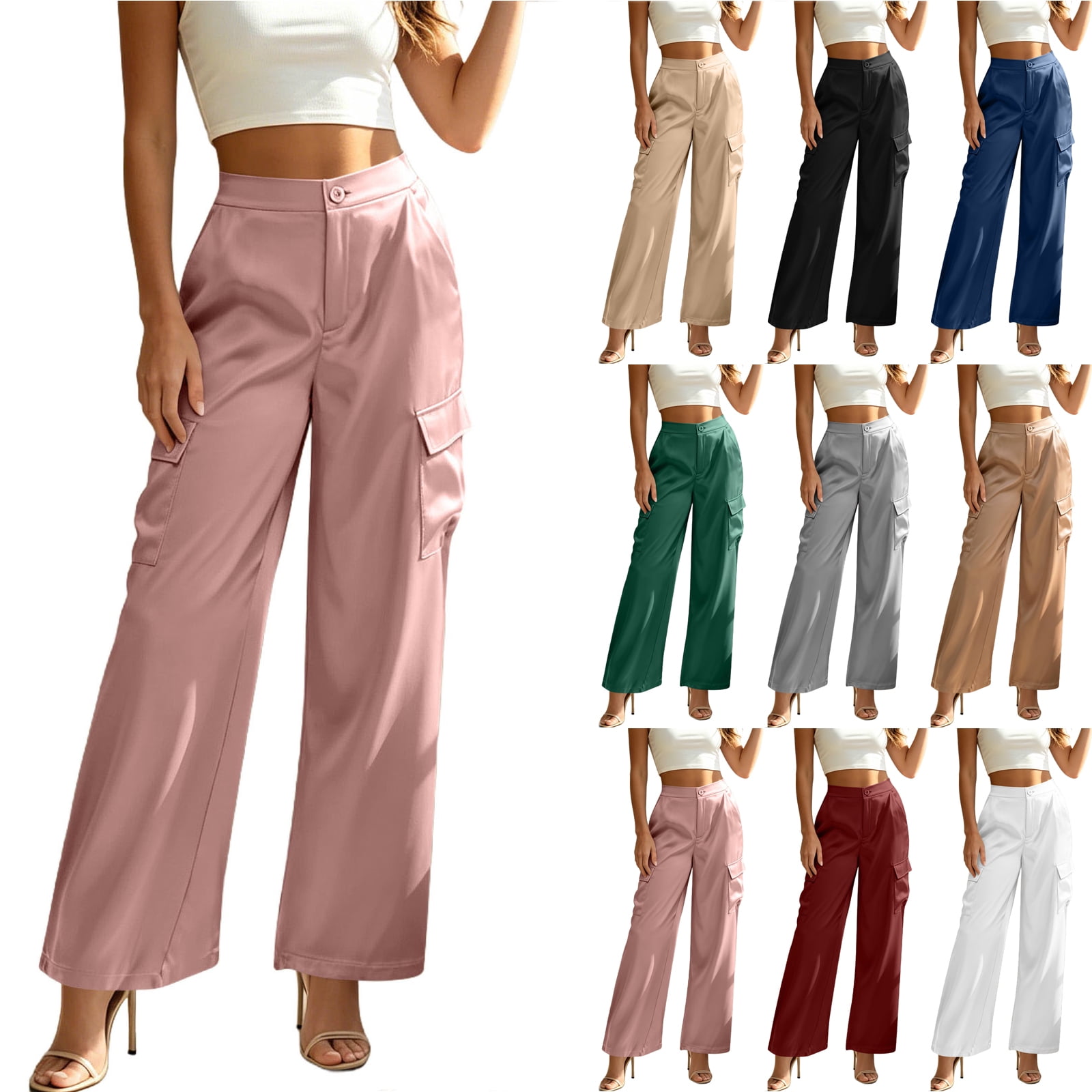 Bloomae Cargo Pants for Women with Multi-Pockets Button Elastic High ...