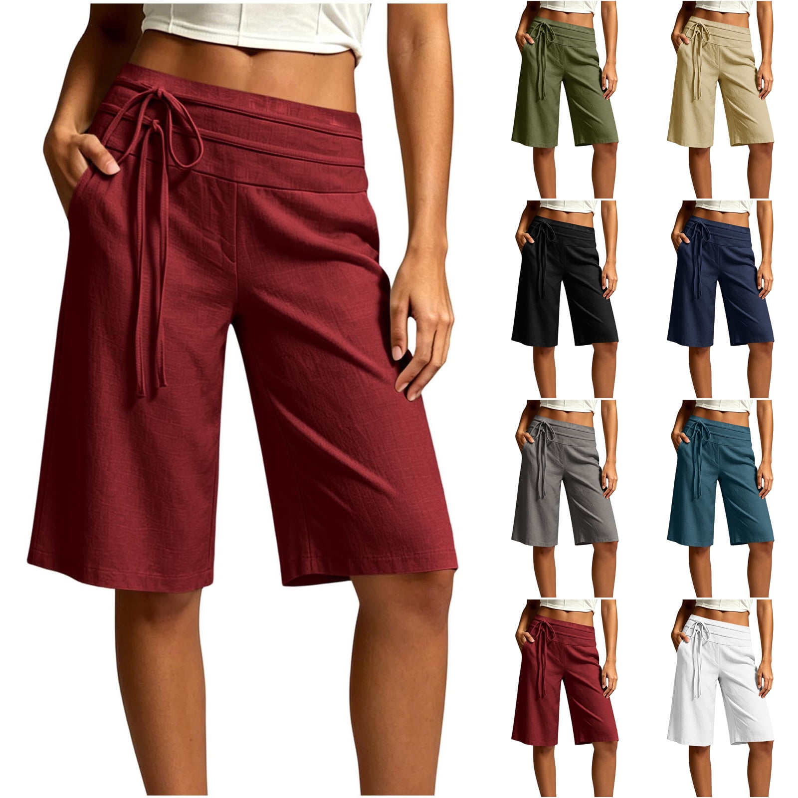 Bloomae Cotton Linen Bermuda Shorts for Women Lightweight Casual Side ...