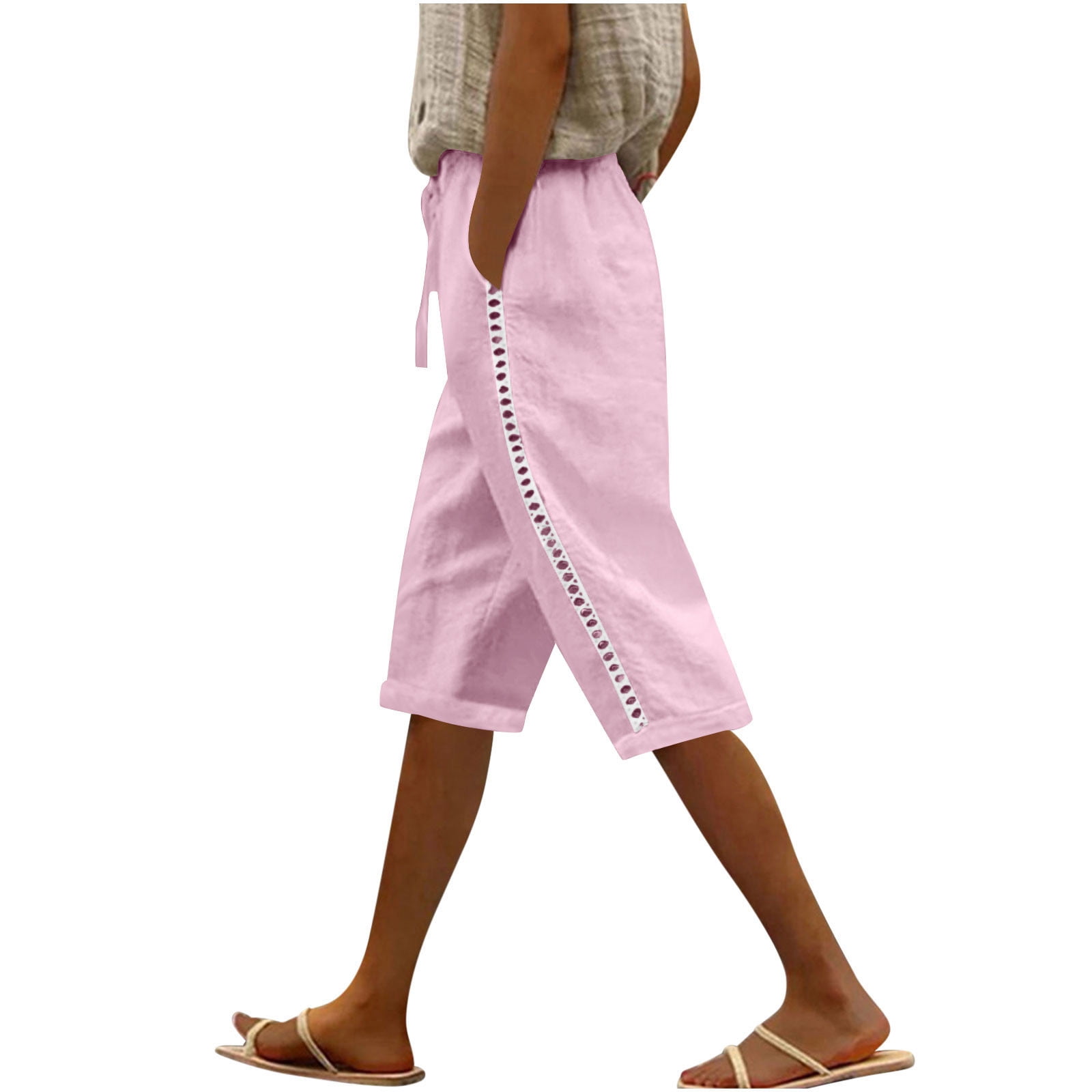 Bloomae Cotton Linen Capris for Women Lightweight Casual Loose Beach ...