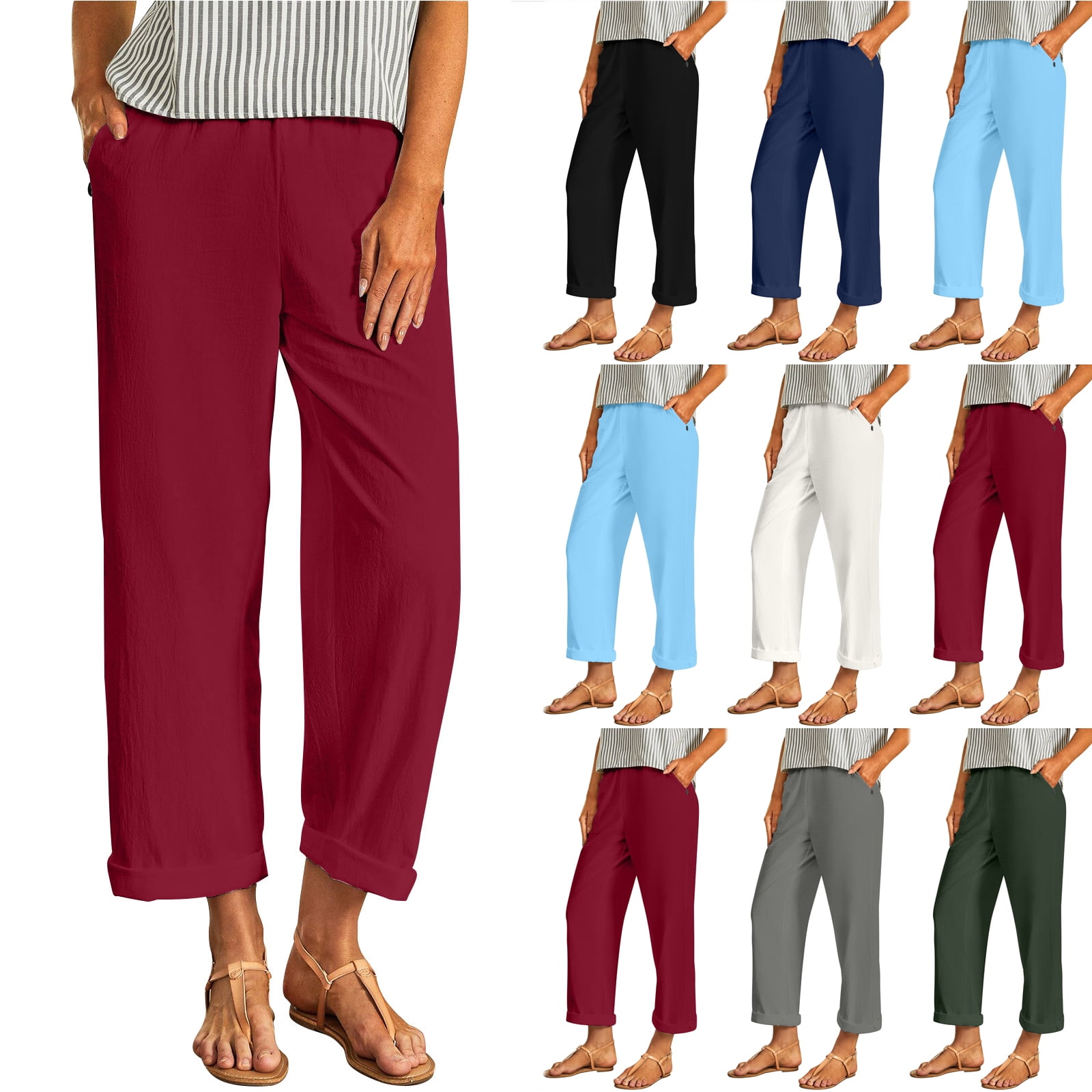 Bloomae Cotton Linen Cropped Pants Women Loose Wide Straight Leg Capris ...