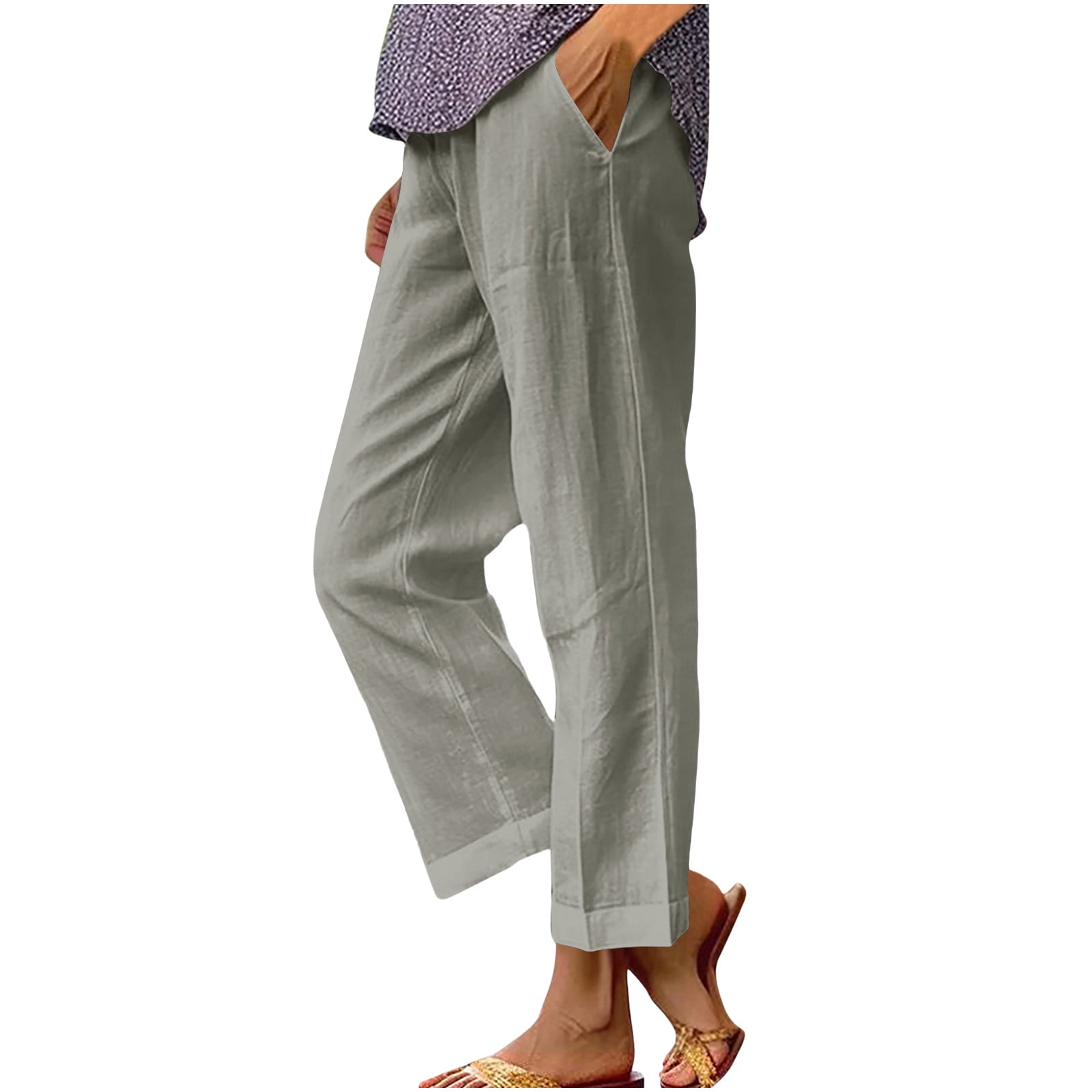 Bloomae Cotton Linen Pants Women Summer Elastic High Waist Comfy Lounge Pants Plus Size Straight ...