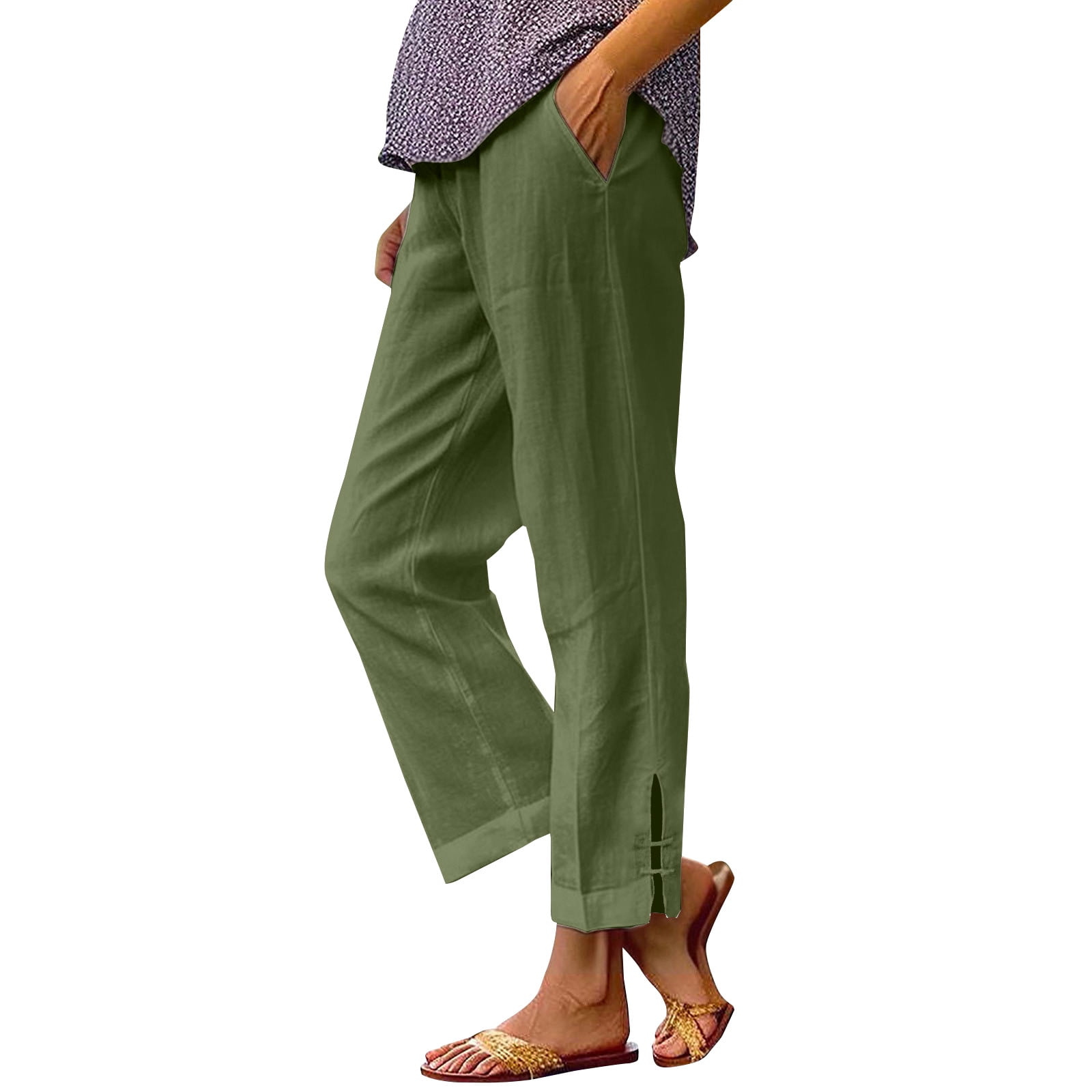Bloomae Cropped Linen Pants Women Summer Elastic Waist Straight Leg ...