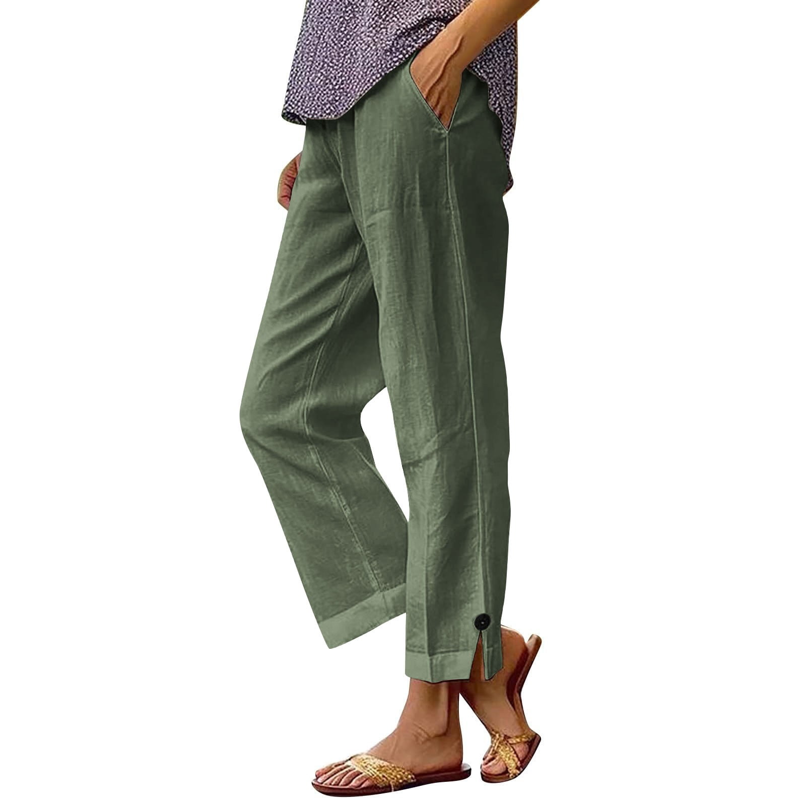 Bloomae Linen Pants for Women Lightweight Casual Elastic High Waist ...
