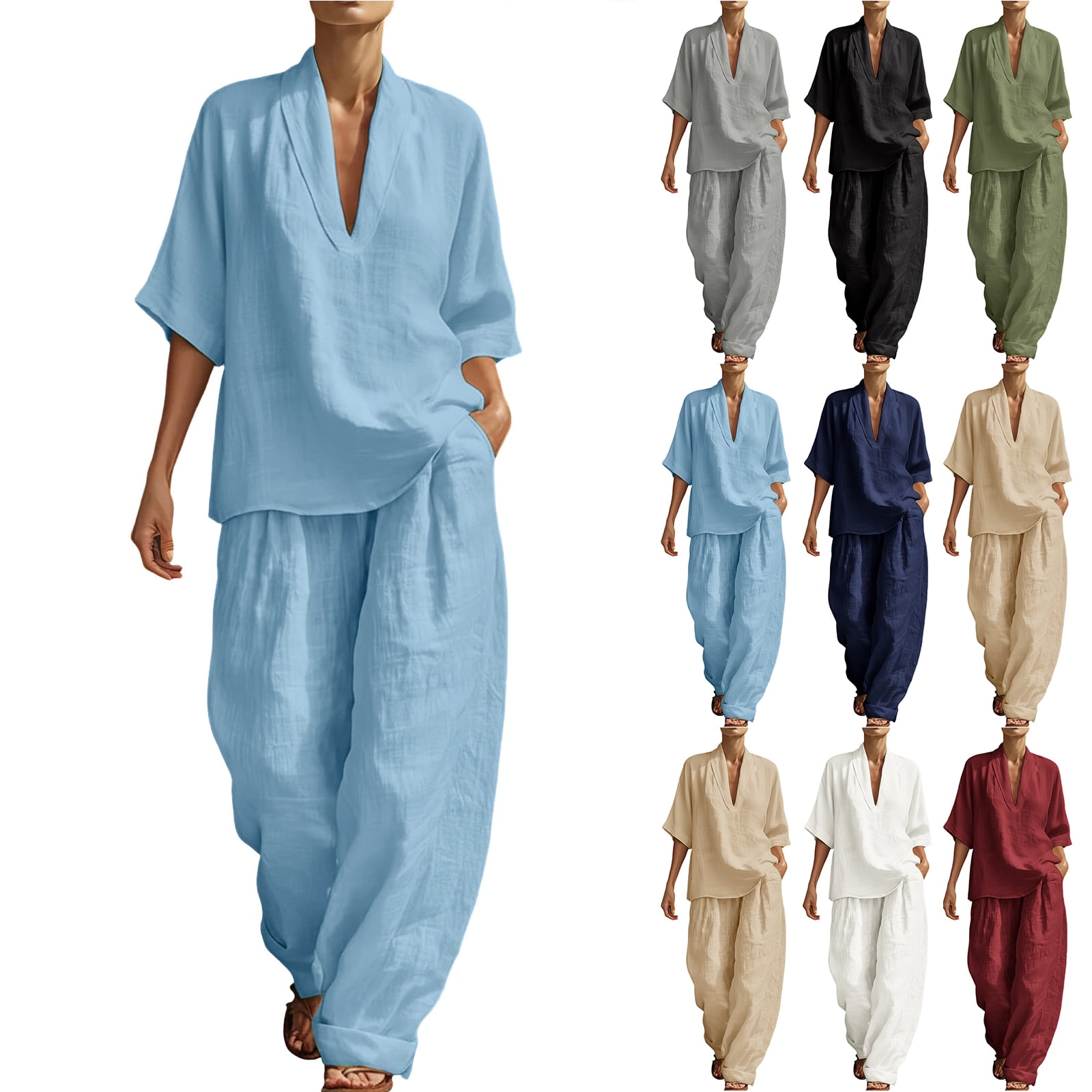 Bloomae Linen Sets for Women 2 Piece Summer Short Sleeve Deep V Neck T ...