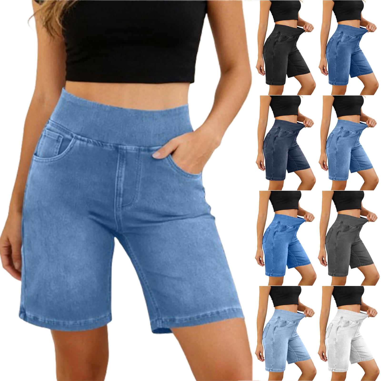 Bloomae Plus Size Bermuda Jean Shorts Women Tummy Control Elastic High ...