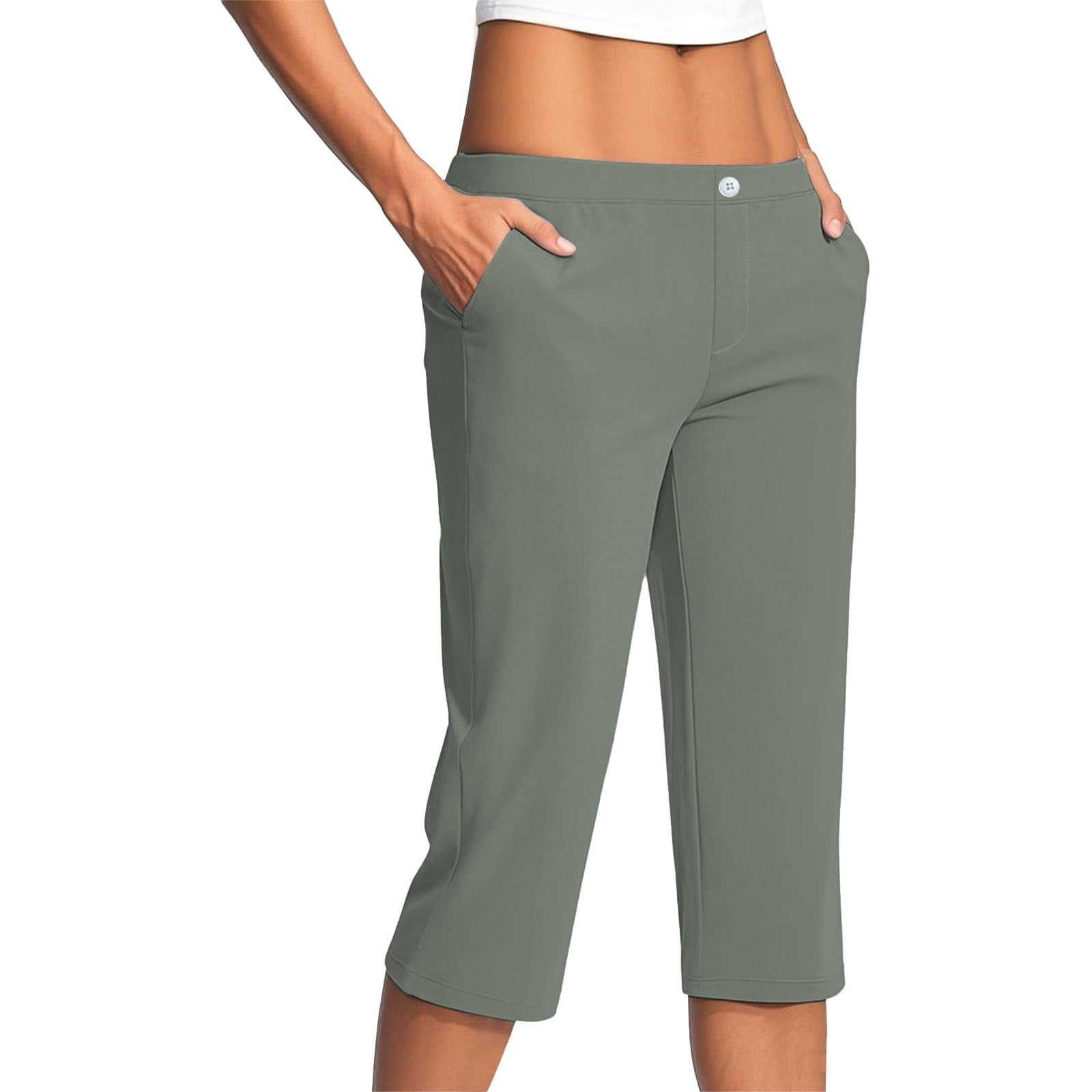 Bloomae Plus Size Capri Pant for Women Dressy Casual Button Stretch ...