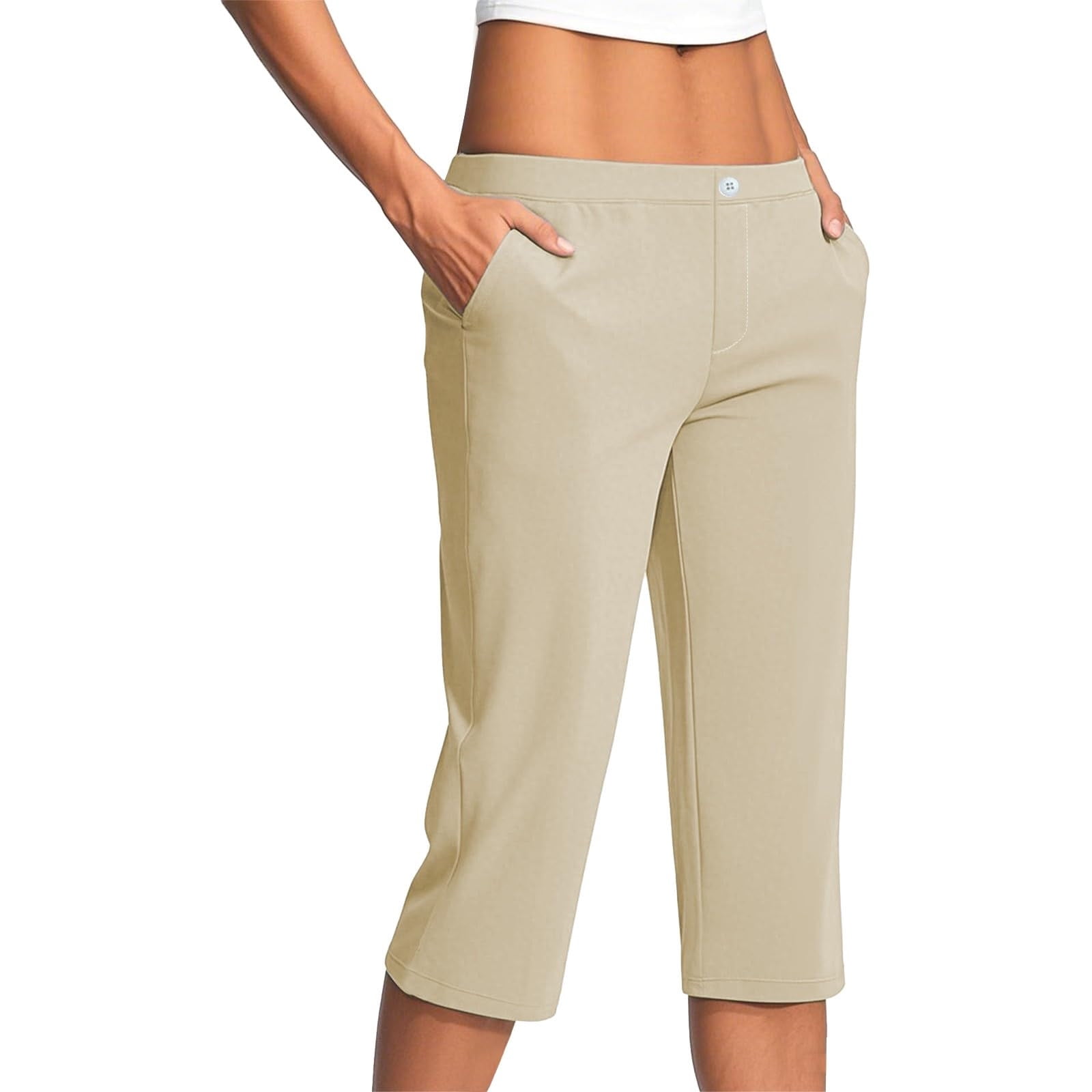 Bloomae Plus Size Capri Pant for Women Dressy Casual Button Stretch ...