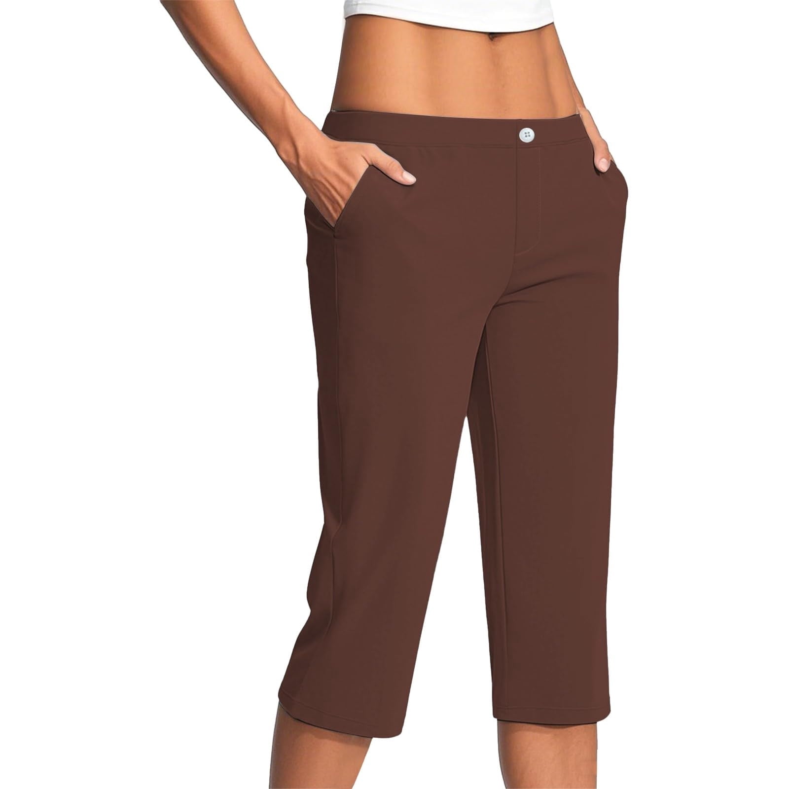 Bloomae Plus Size Capri Pant for Women Dressy Casual Button Stretch ...