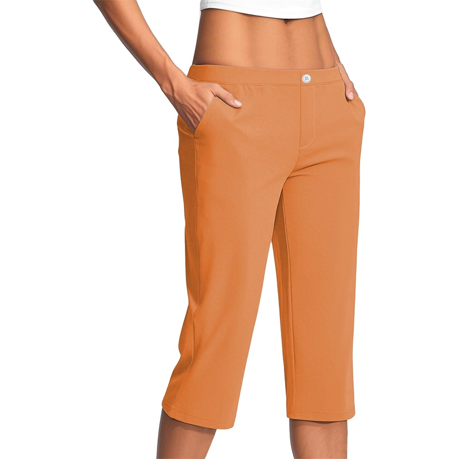 Bloomae Plus Size Capri Pant for Women Dressy Casual Button Stretch ...