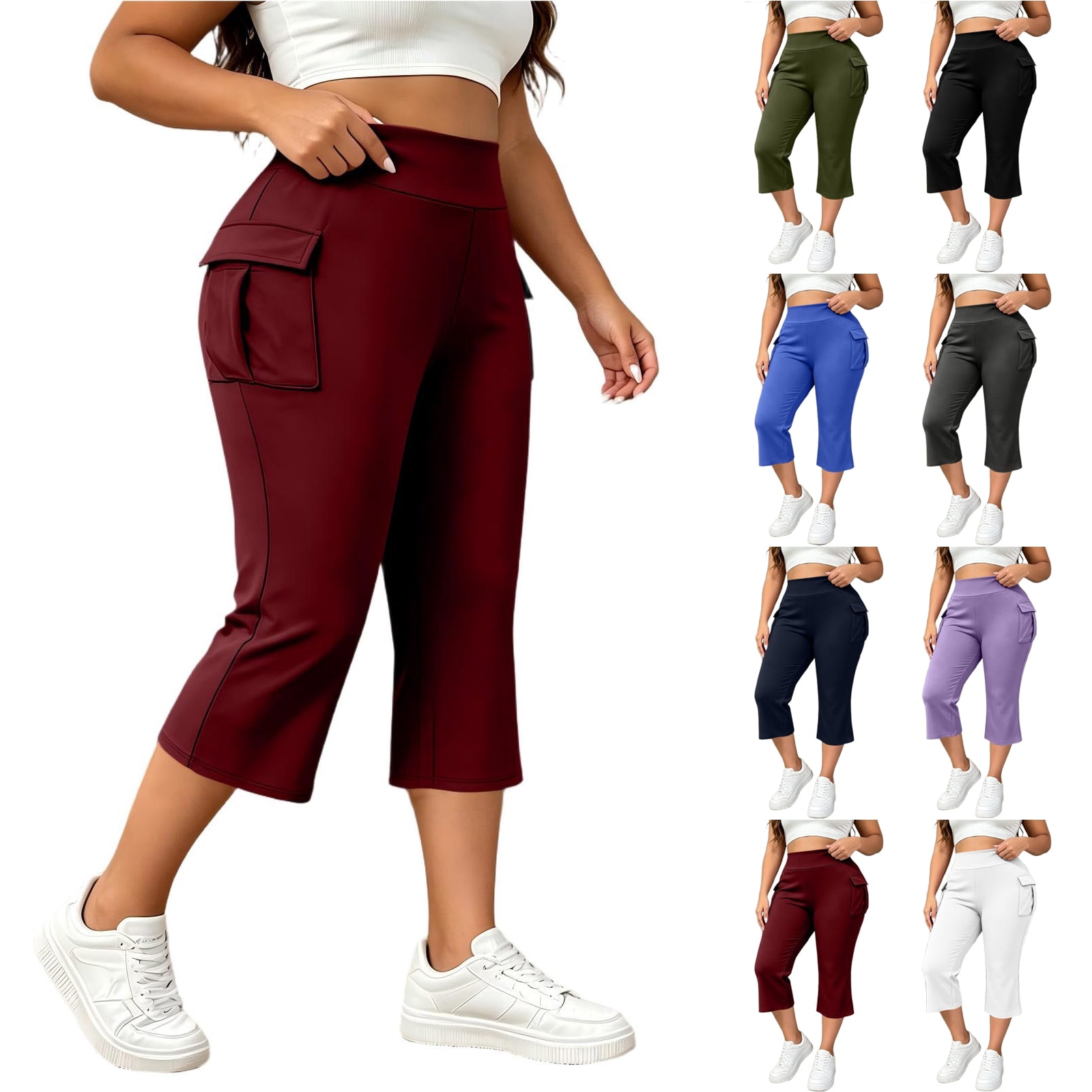 Bloomae Plus Size Pull On Cargo Capri Leggings with Pockets for Women ...