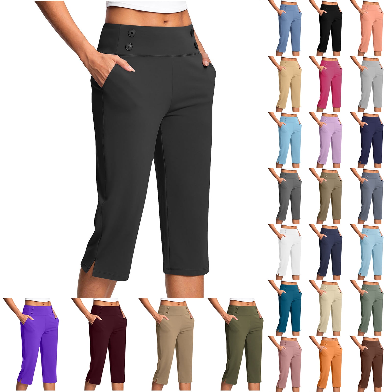 Bloomae Plus Size Work Pants for Women Summer High Waisted Stretchy Capris Dressy Casual Side ...