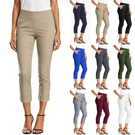 Bloomae Pull On Capri Pants for Women Elastic Waist Work Casual Roll-up ...