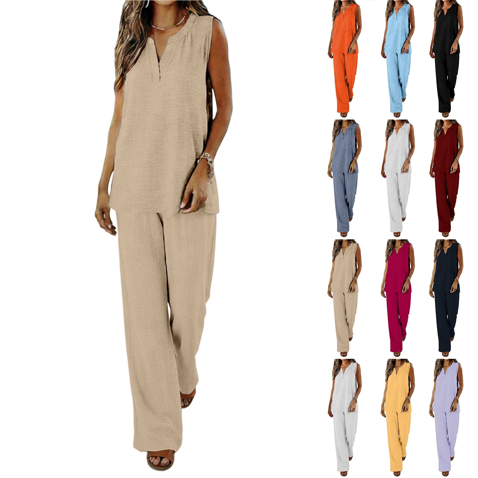 Bloomae Summer Linen Sets For Women 2 Piece Casual Button Sleeveless V ...