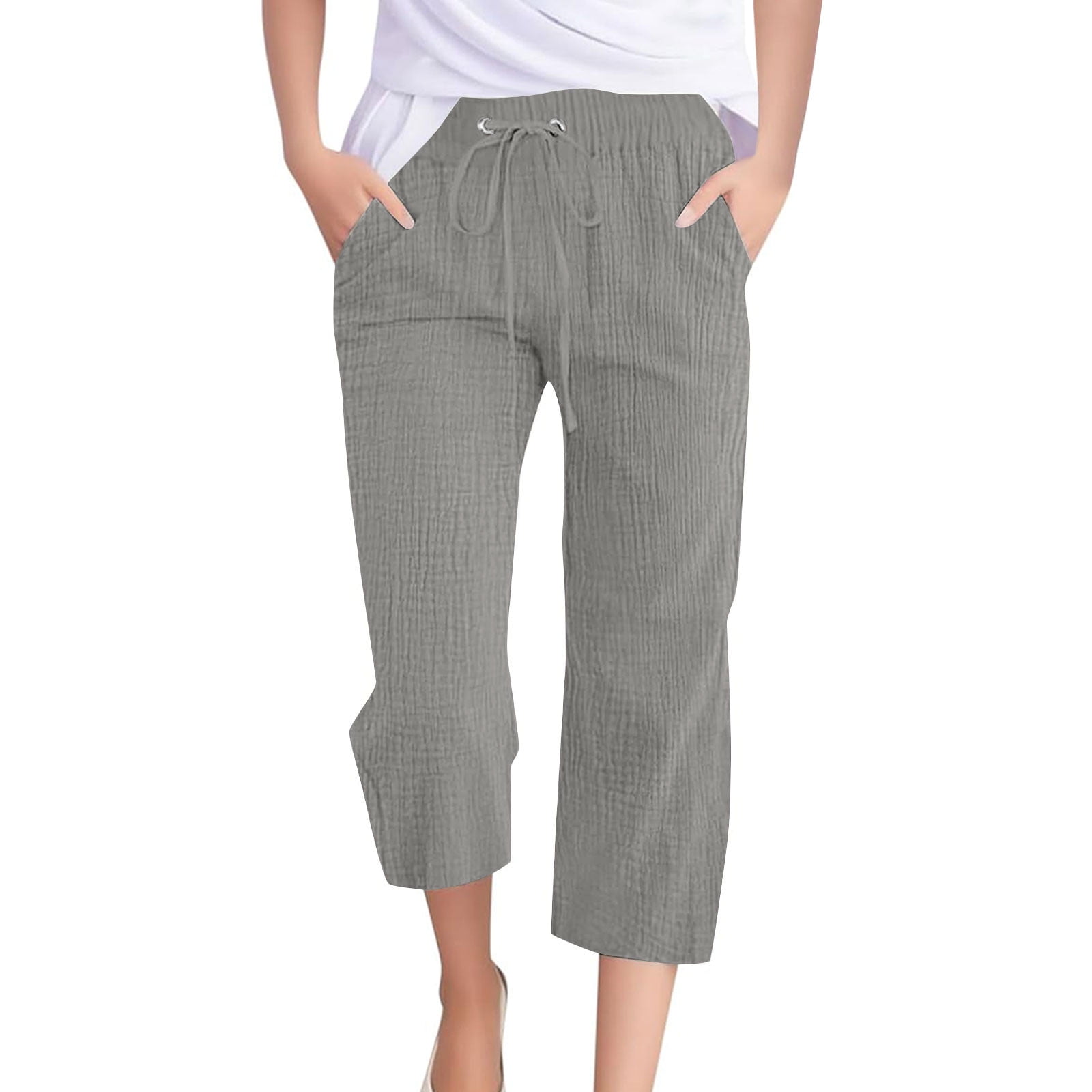 Bloomae Textured Capri Pants for Women 2025 Casual Summer Cotton Linen ...