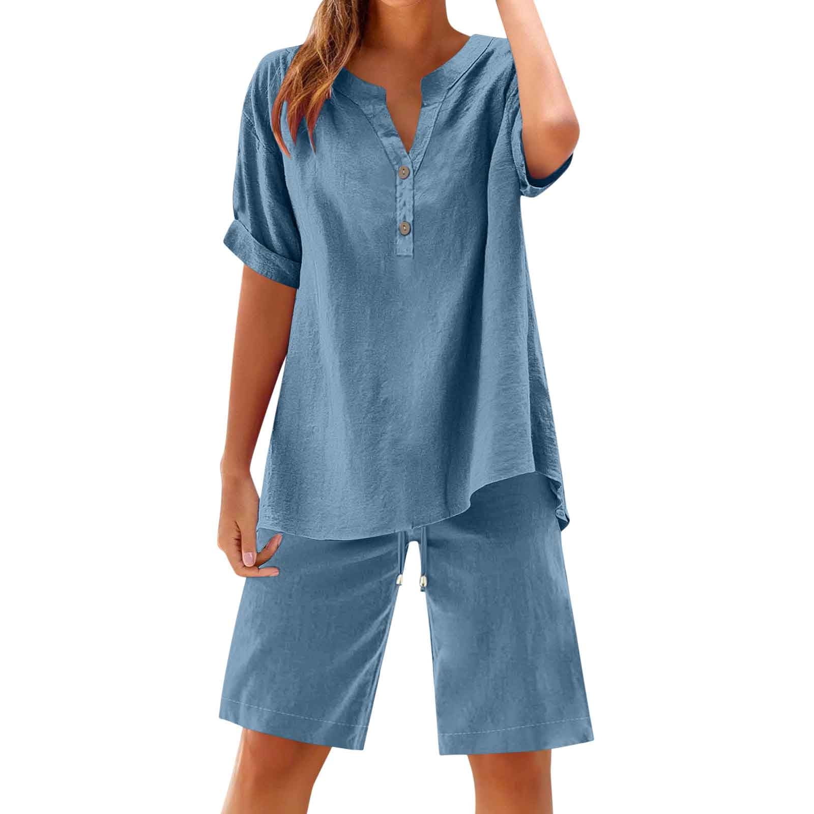 Bloomae Two Piece Linen Shorts Sets for Women Loose Fit Casual Summer Short Sleeve Button V Neck ...