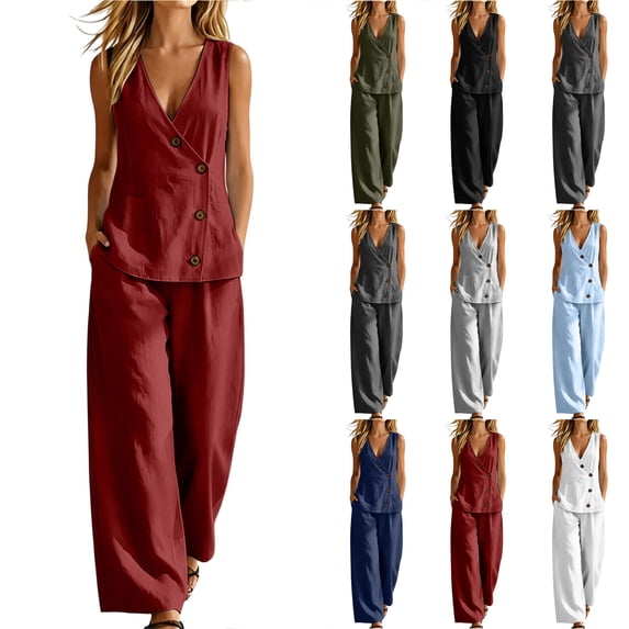 Bloomae Two Piece Set for Women Asymmetric Button V Neck Tank Tops Vest ...
