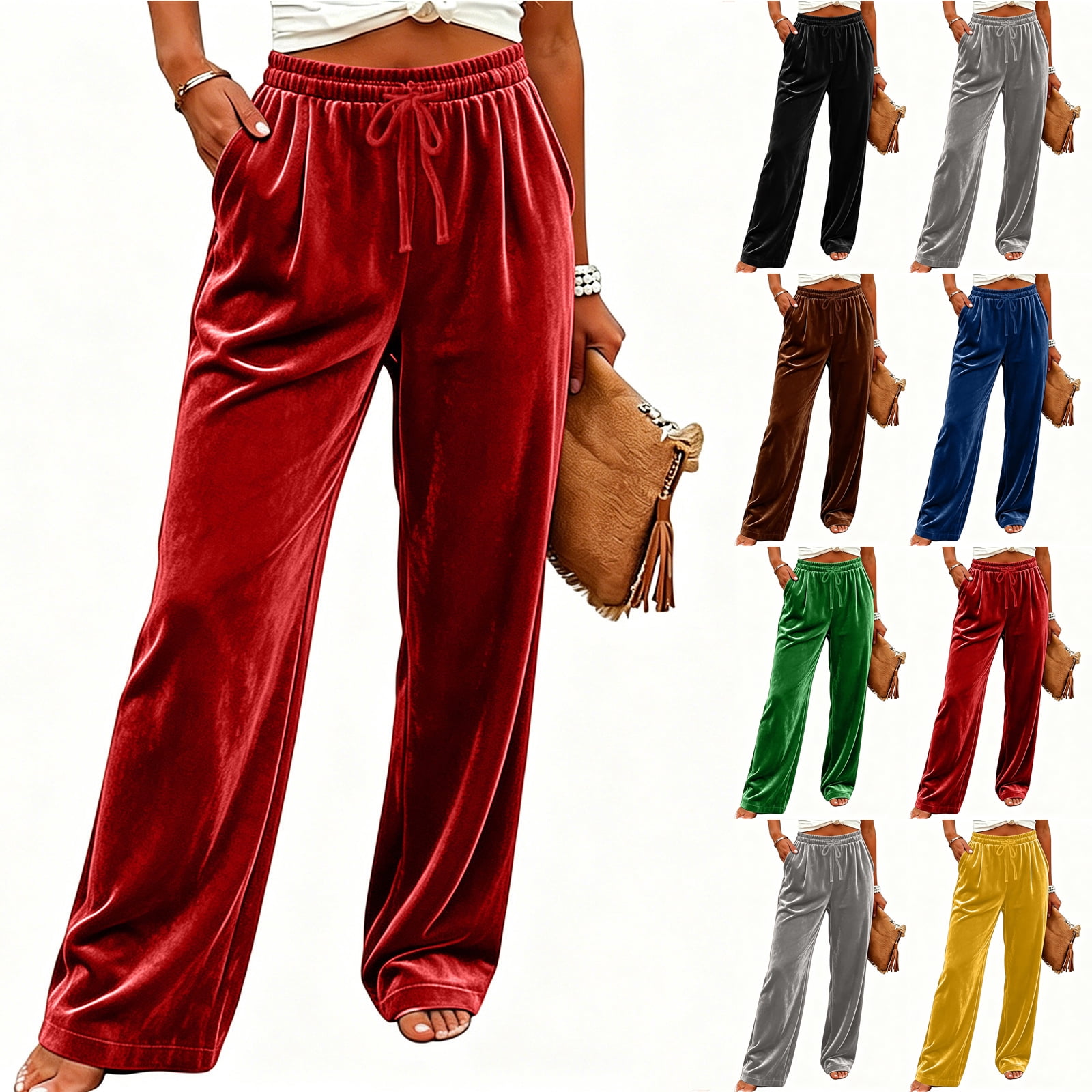 Bloomae Velvet Pants for Women Wide Straight Leg Dressy Velour Palazzo ...