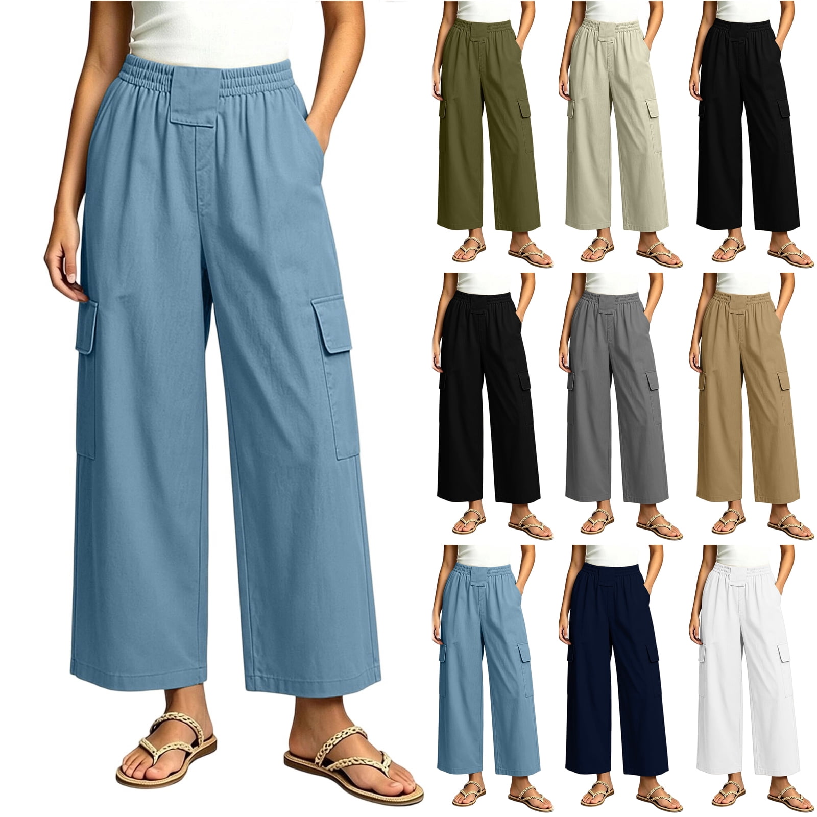 Bloomae Wide Leg Cargo Capri Pants for Women Loose Fit Casual Elastic ...