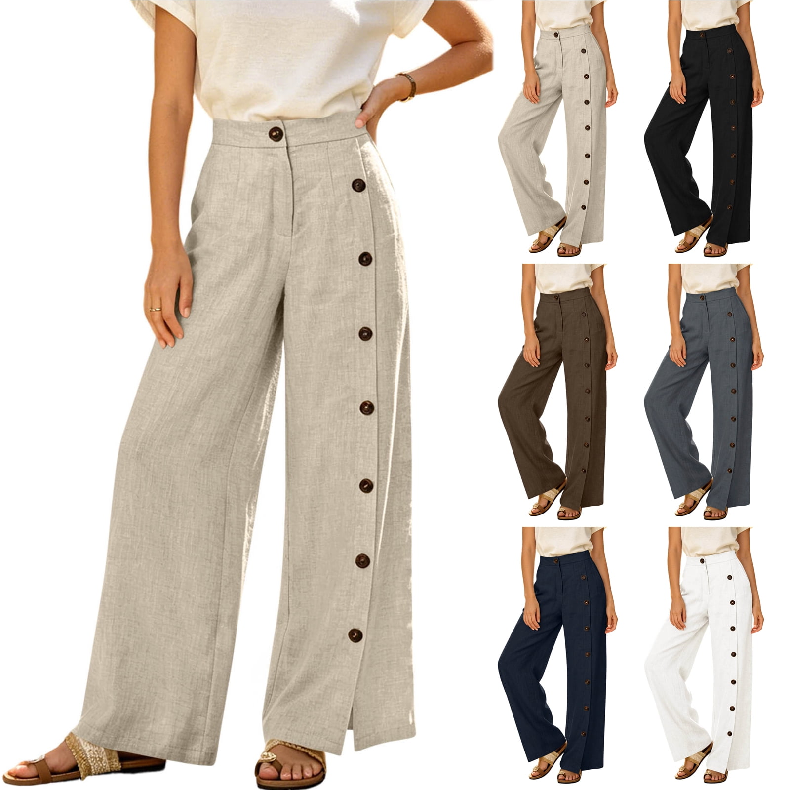 Bloomae Wide Leg Linen Pants for Women Dressy Side Button Decor Split ...