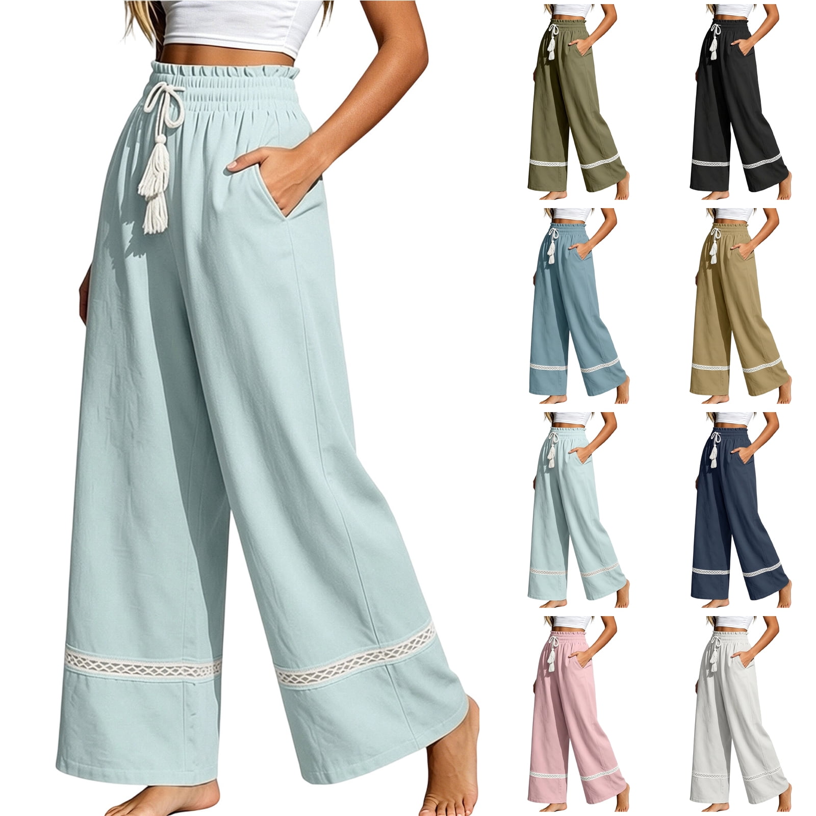 Bloomae Wide Leg Linen Pants for Women Lightweight Casual Drawstring ...