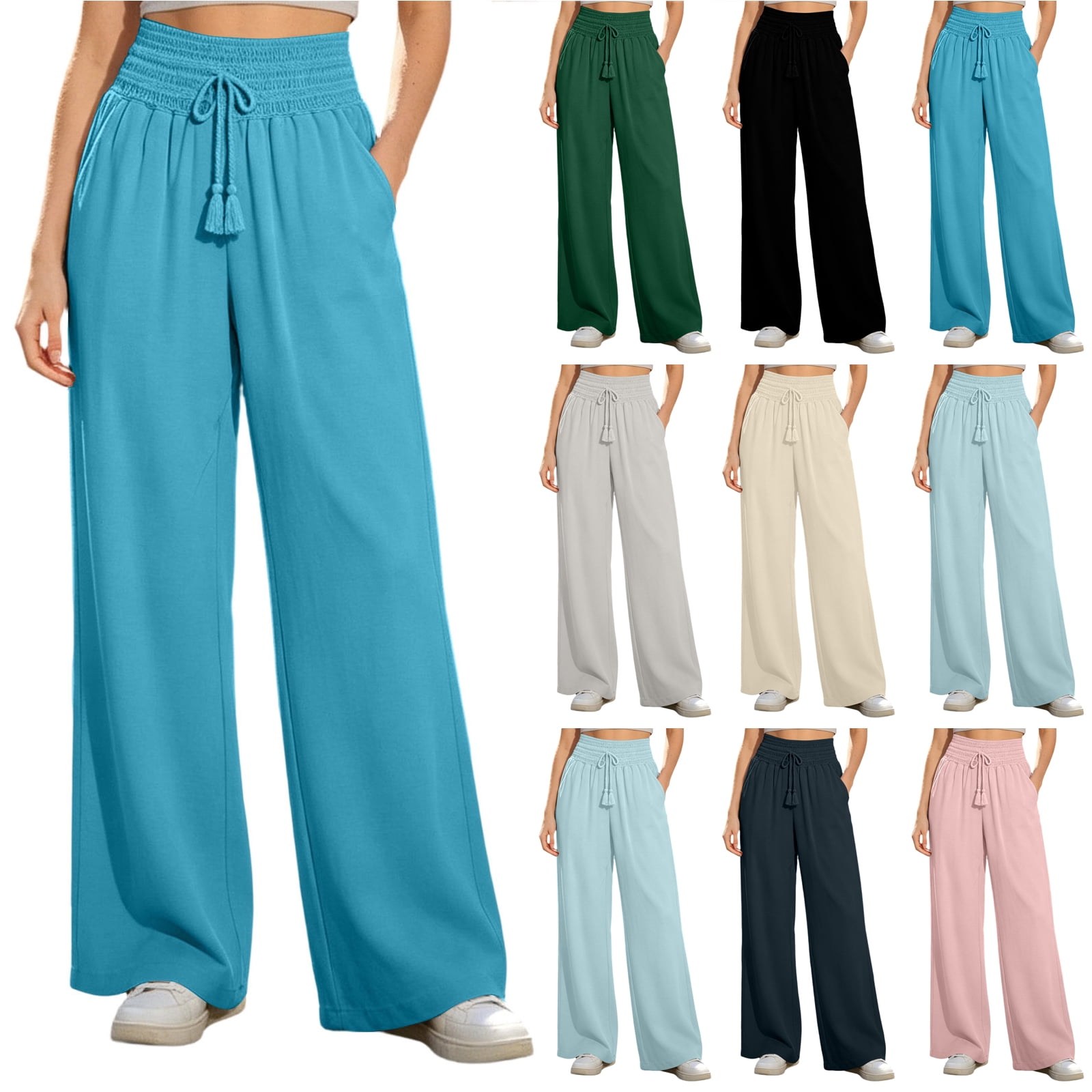 Bloomae Wide Leg Palazzo Pants for Women Lightweight Drawstring Smoked ...