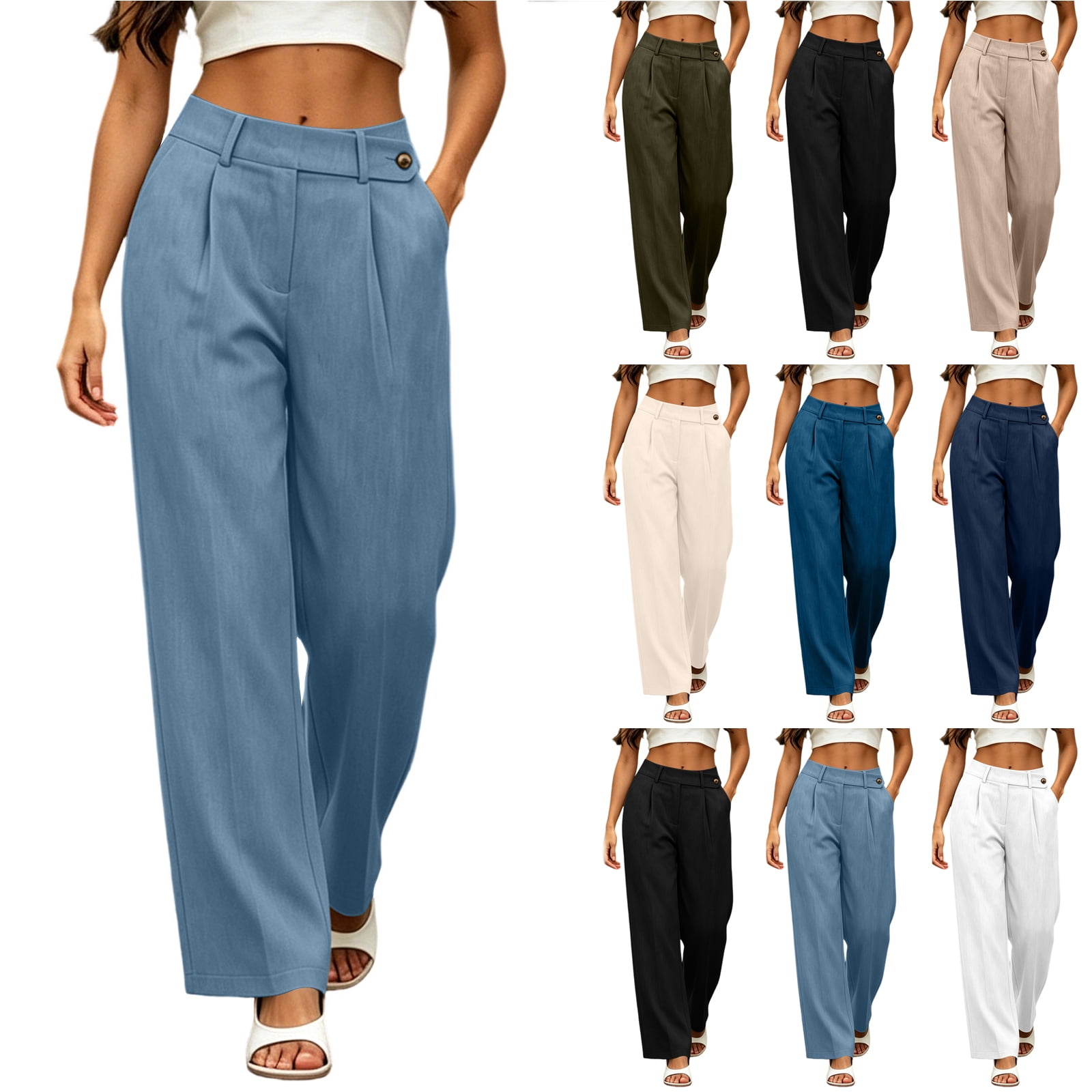 Bloomae Wide Leg Work Dress Pants for Women Stretchy Casual Button ...