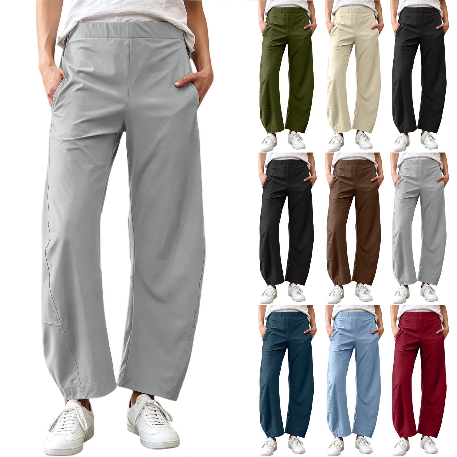 Bloomae Women Barrel Travel Pants Elastic Waistband Tapered Leg Baggy ...