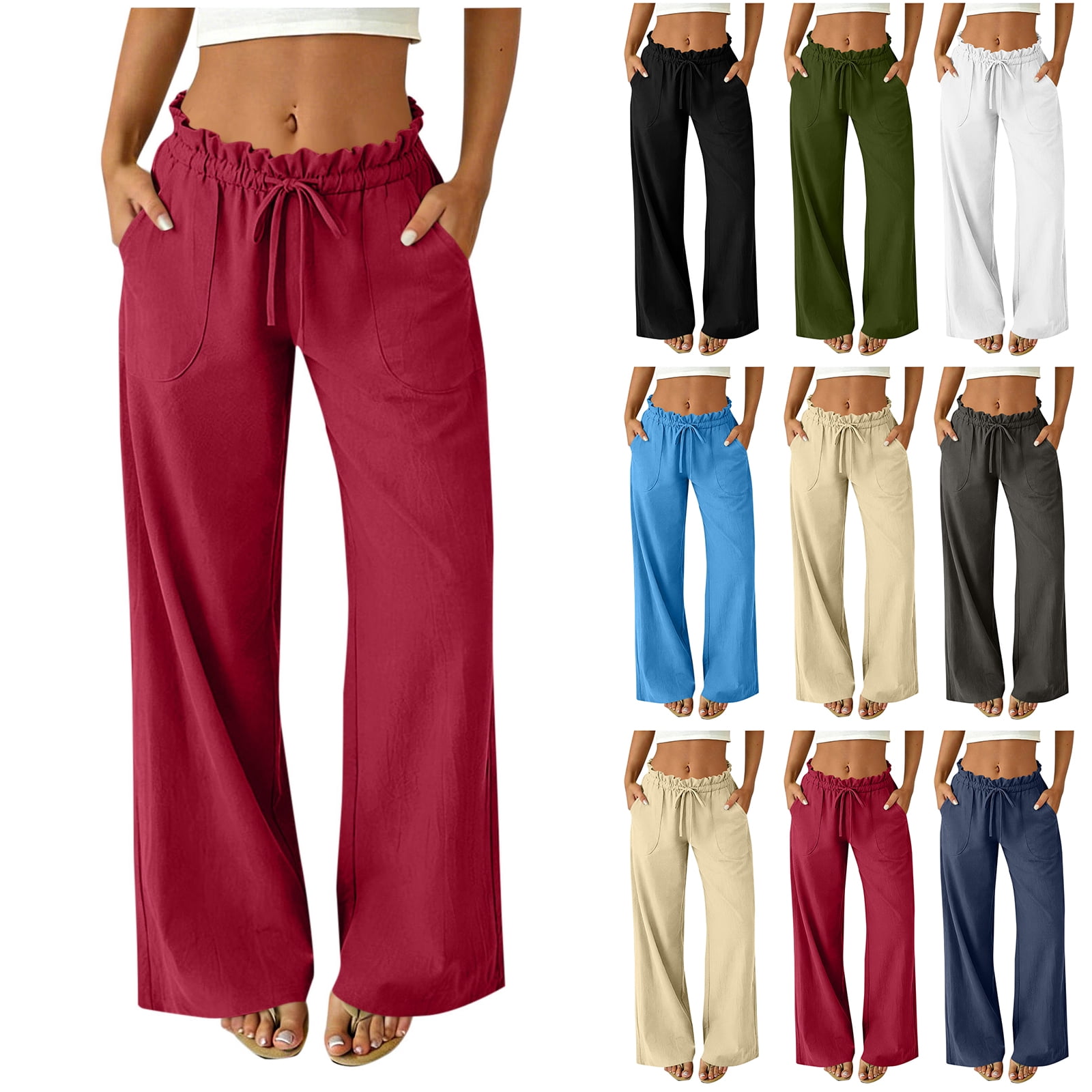 Bloomae Women Casual Wide Leg Pants Trendy Cozy Drawstring Waist Flowy ...