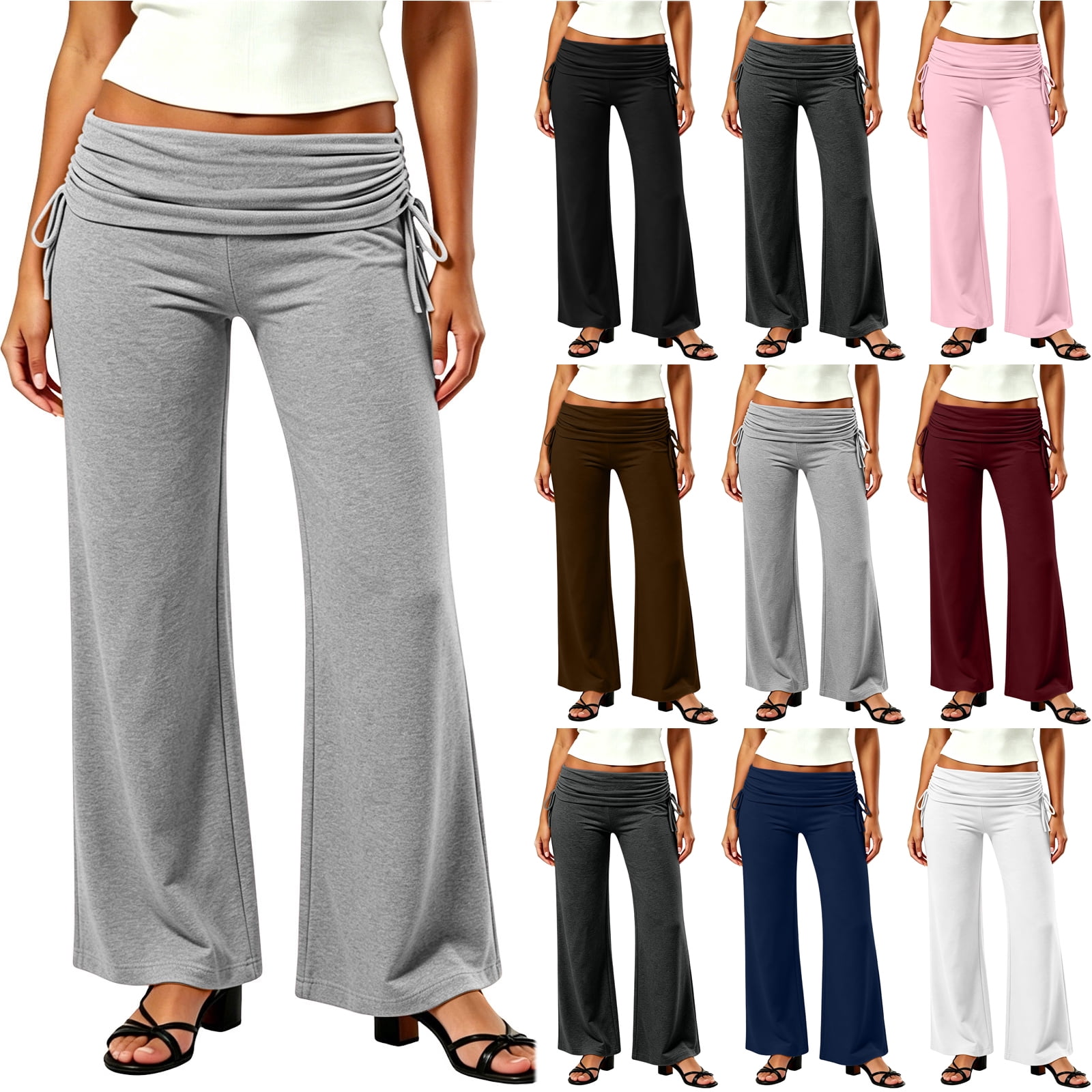 Bloomae Women Fold Over Flare Leggings Side Drawstring Elastic Waist ...