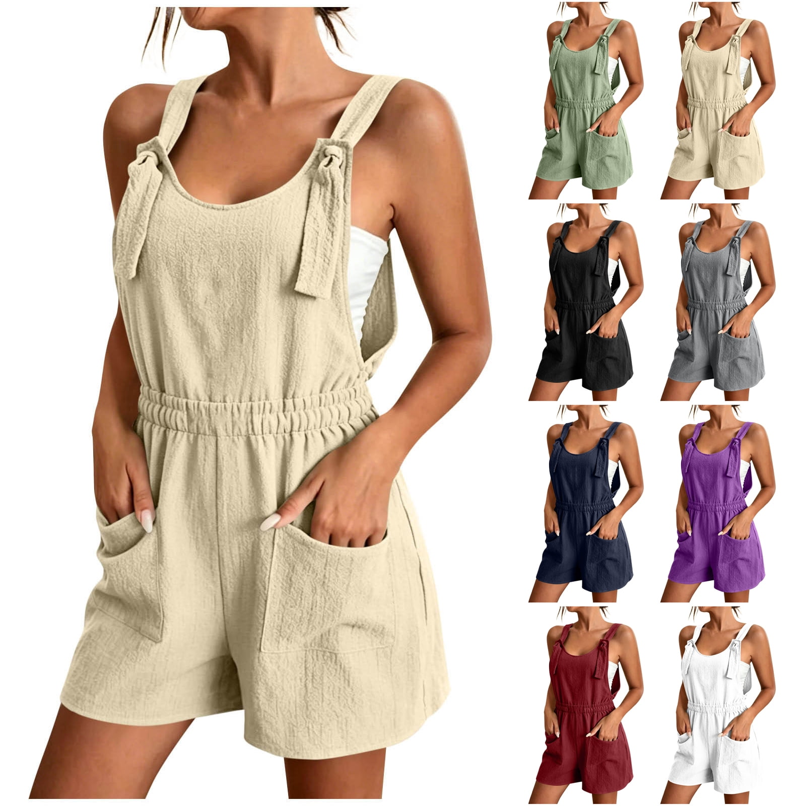 Bloomae Women Rompers Summer Adjustable Tie Knot Straps Wide Leg Short ...
