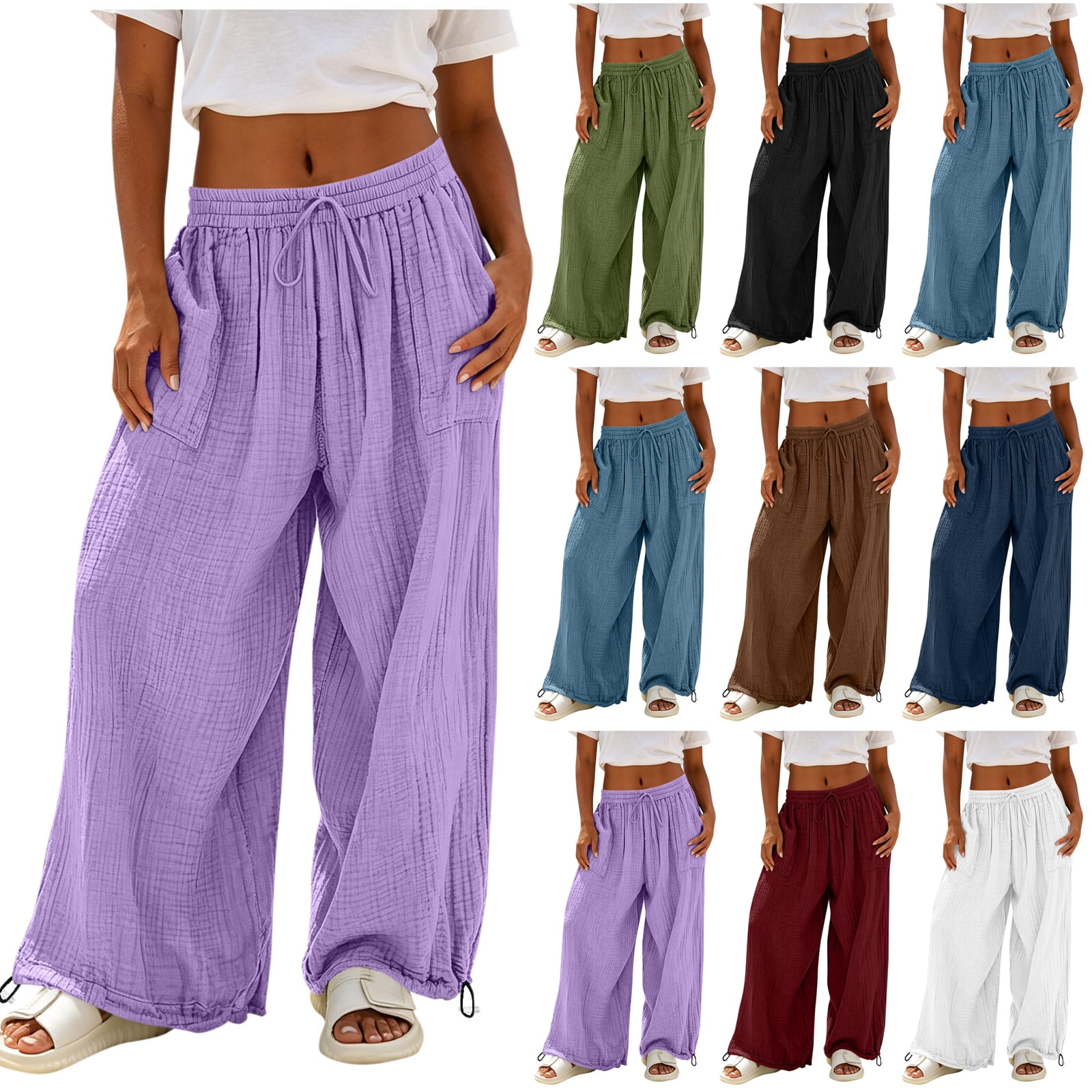 Bloomae Women Summer Flowy Wide Leg Linen Pants Drawstring Elastic ...