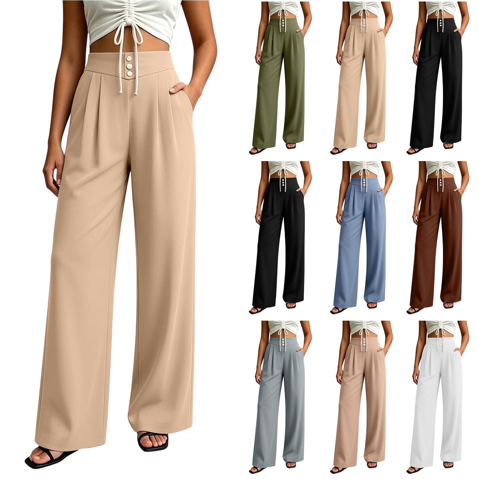 Bloomae Women Wide Leg Dress Pants Elastic High Waisted Button Pleated ...
