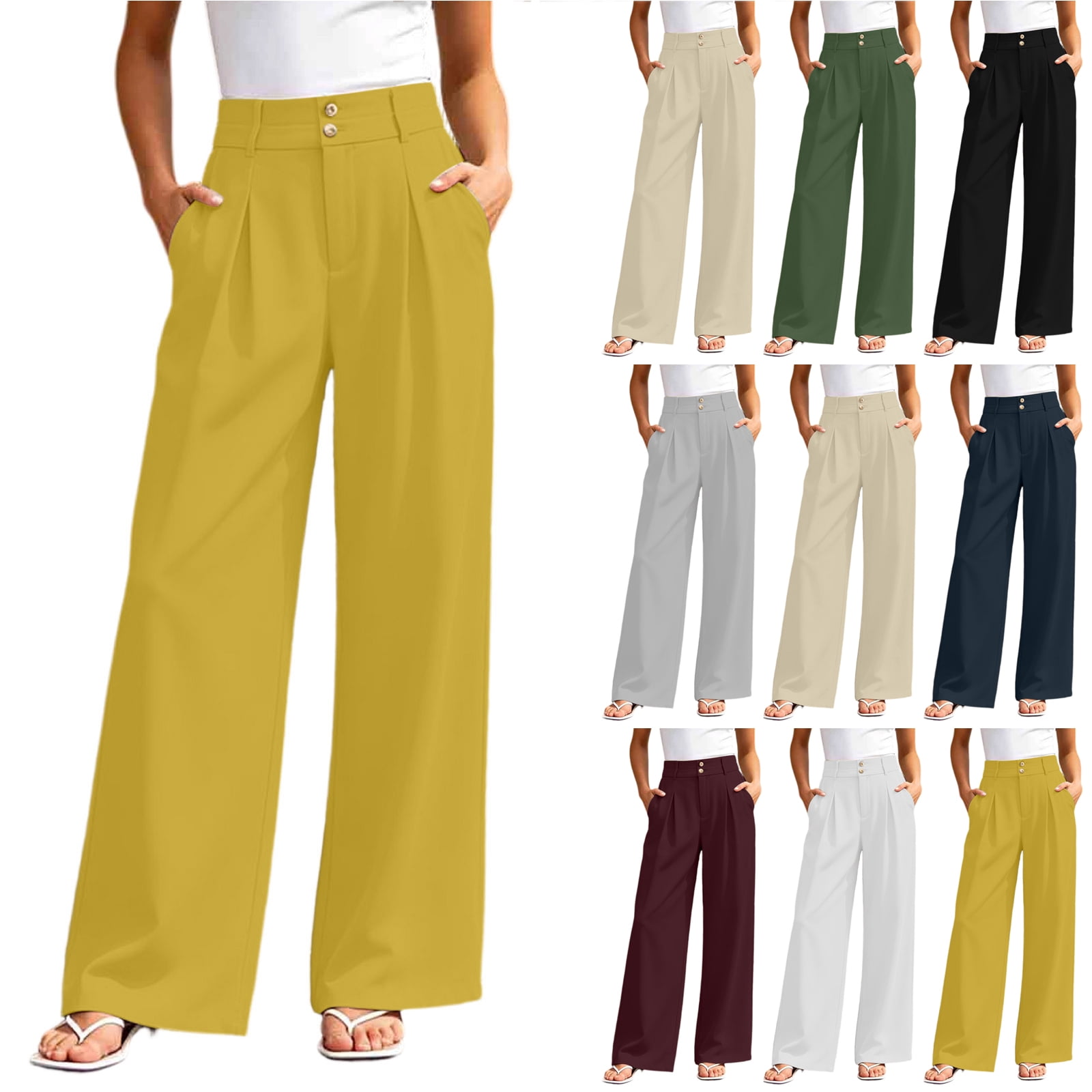 Bloomae Women Wide Leg Dress Pants Elastic High Waisted Button Pleated ...