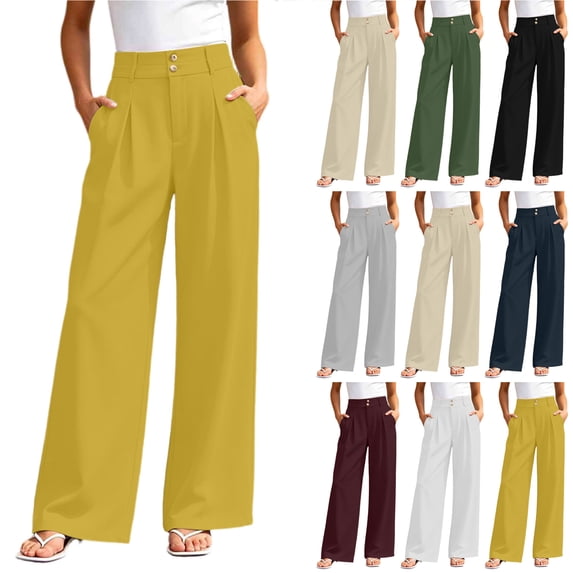 Bloomae Women Wide Leg Dress Pants Elastic High Waisted Button Pleated ...