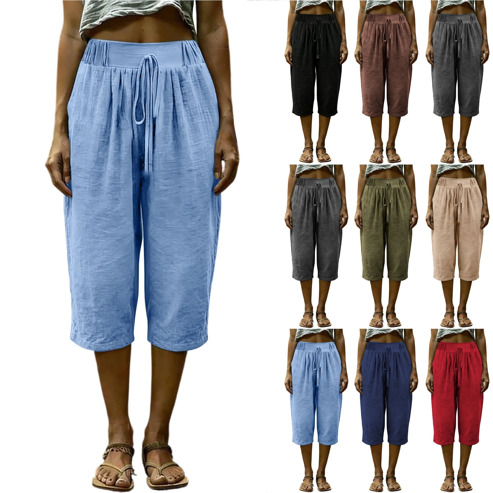 Bloomae Women Wide Straight Leg Capri Pants Summer Palazzo High Waisted ...