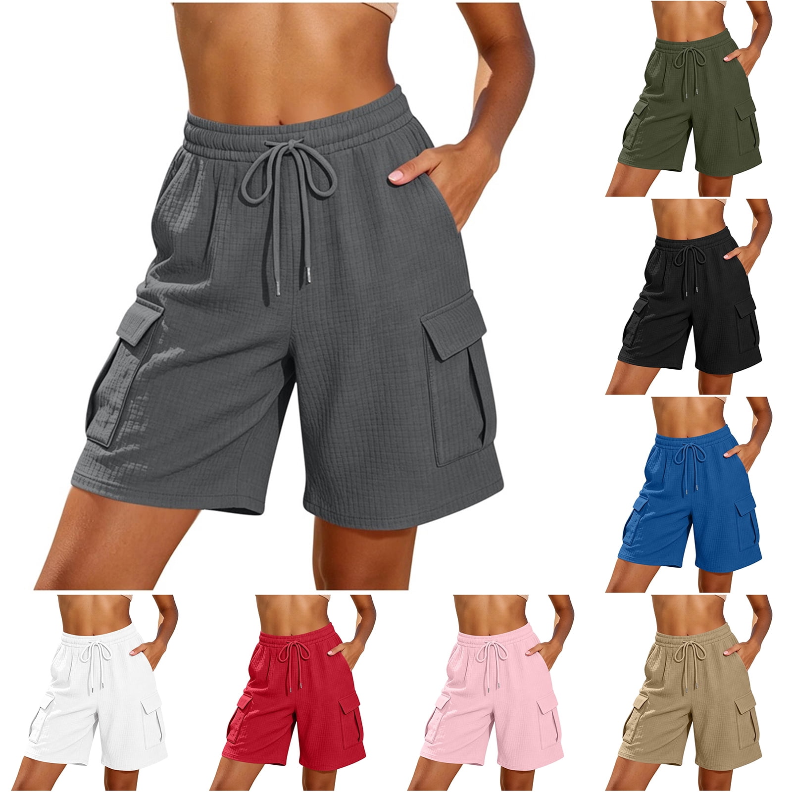 Bloomae Women's Bermuda Cargo Shorts Lightweight Casual Waffle Knit ...