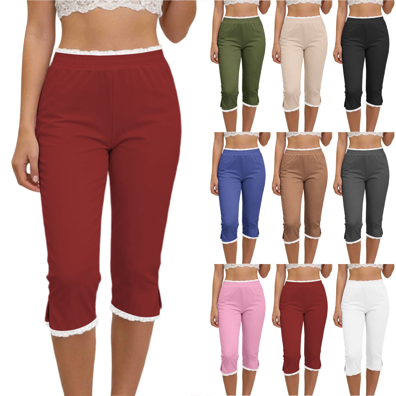 Bloomae Women's Capri Legging with Lace Trim Split Hem Elastic Waist ...