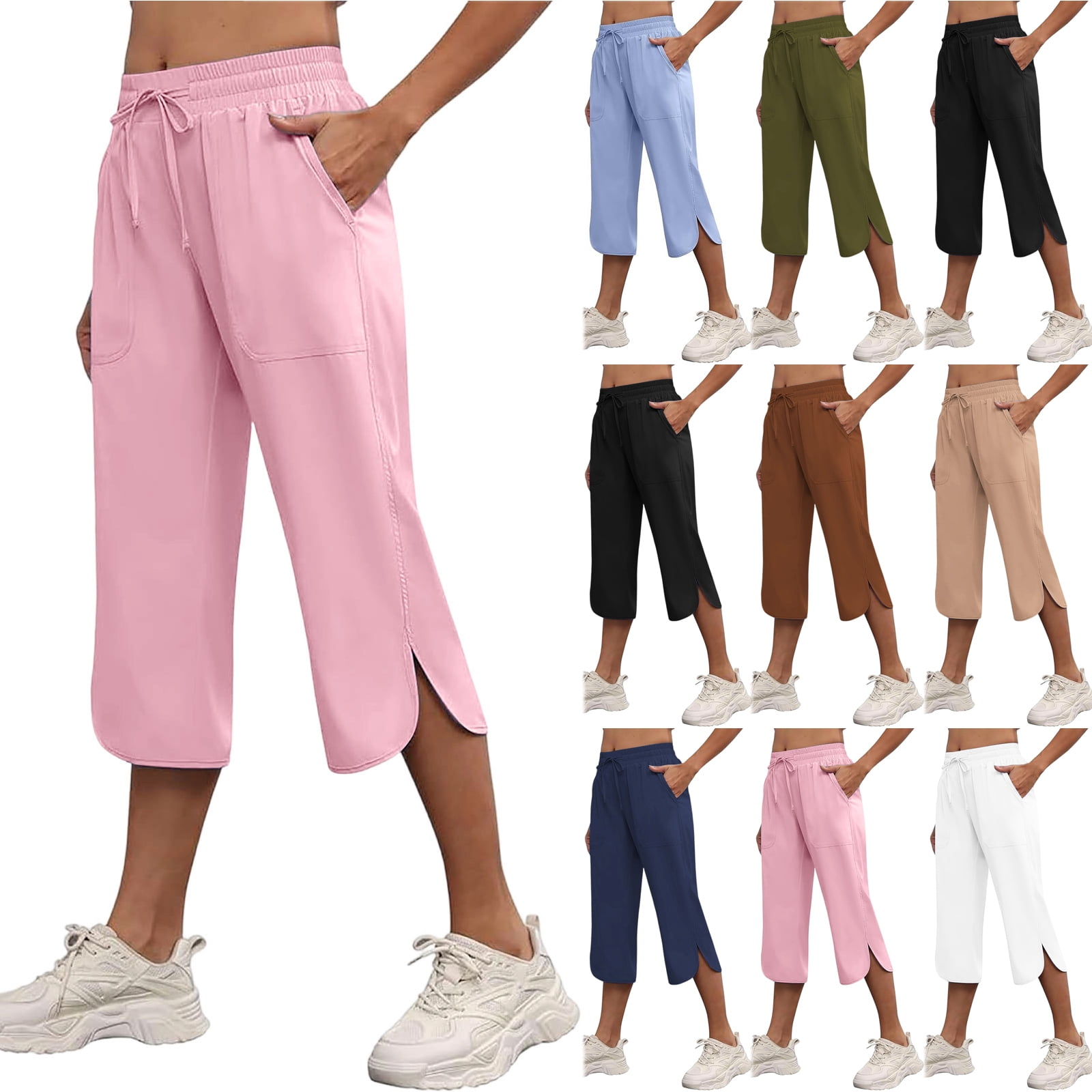 Bloomae Women's Capris Wide Leg Lightweight Drawstring Elastic High ...
